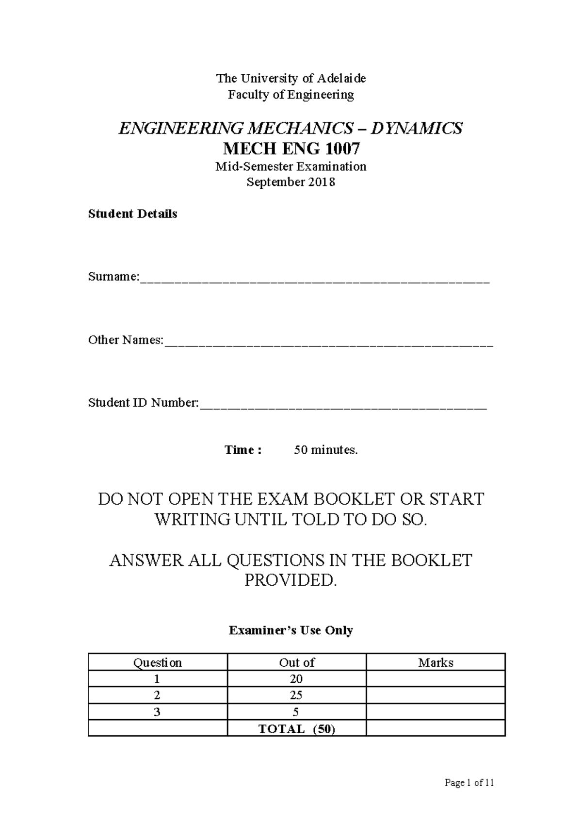 2018 mid exam - exam paper - The University of Adelaide Faculty of ...