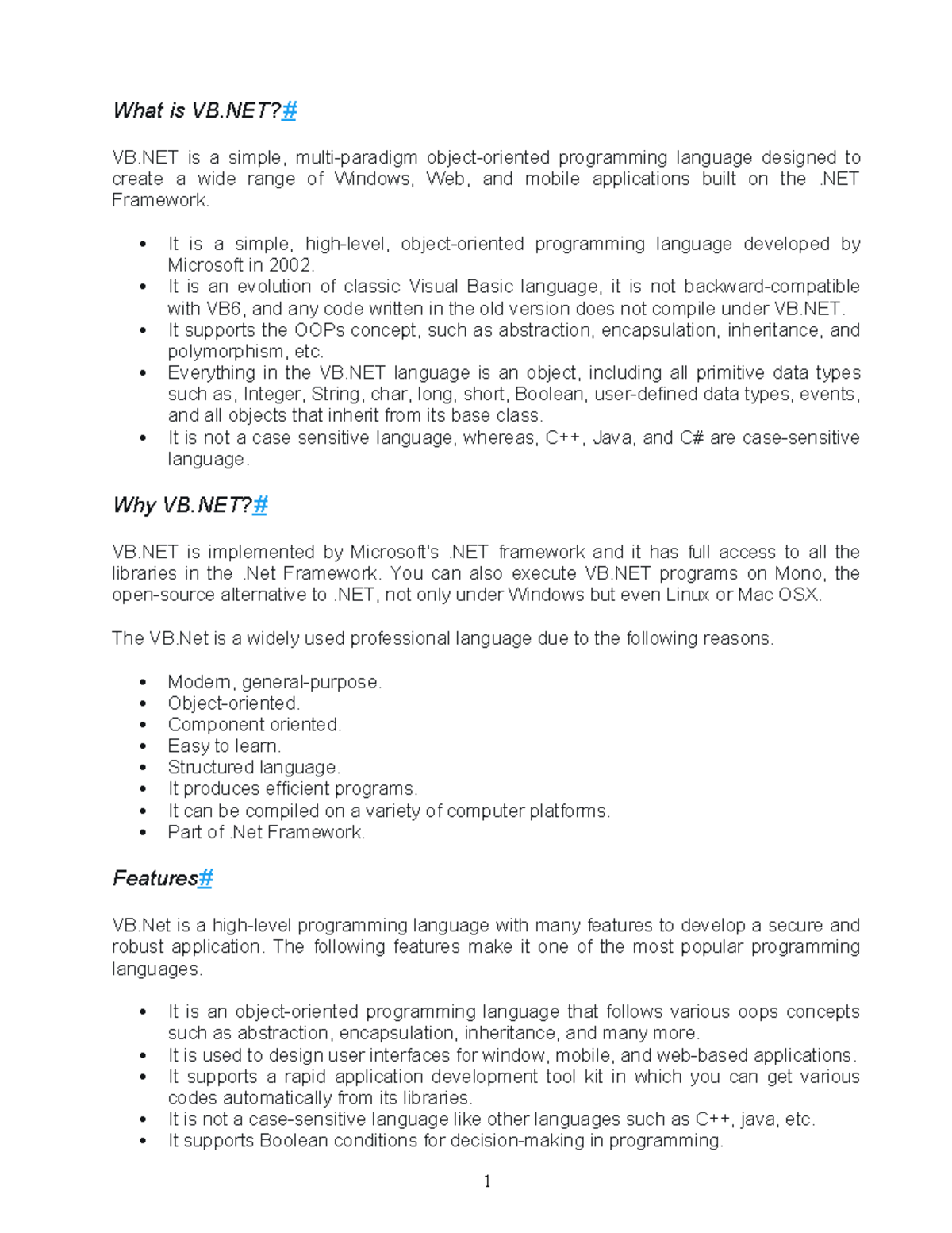 Introduction To Vb Lecture Notes What Is Vb Vb Is A Simple Multi Paradigm Object Oriented