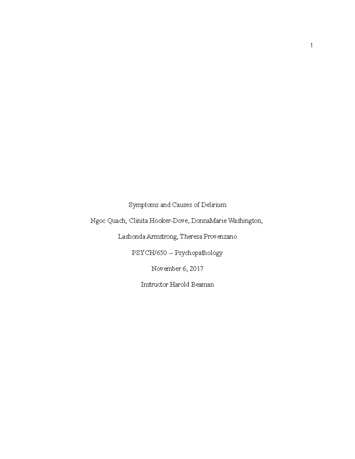 WEEK 4 TEAM Assignment - 1 Symptoms and Causes of Delirium Ngoc Quach ...