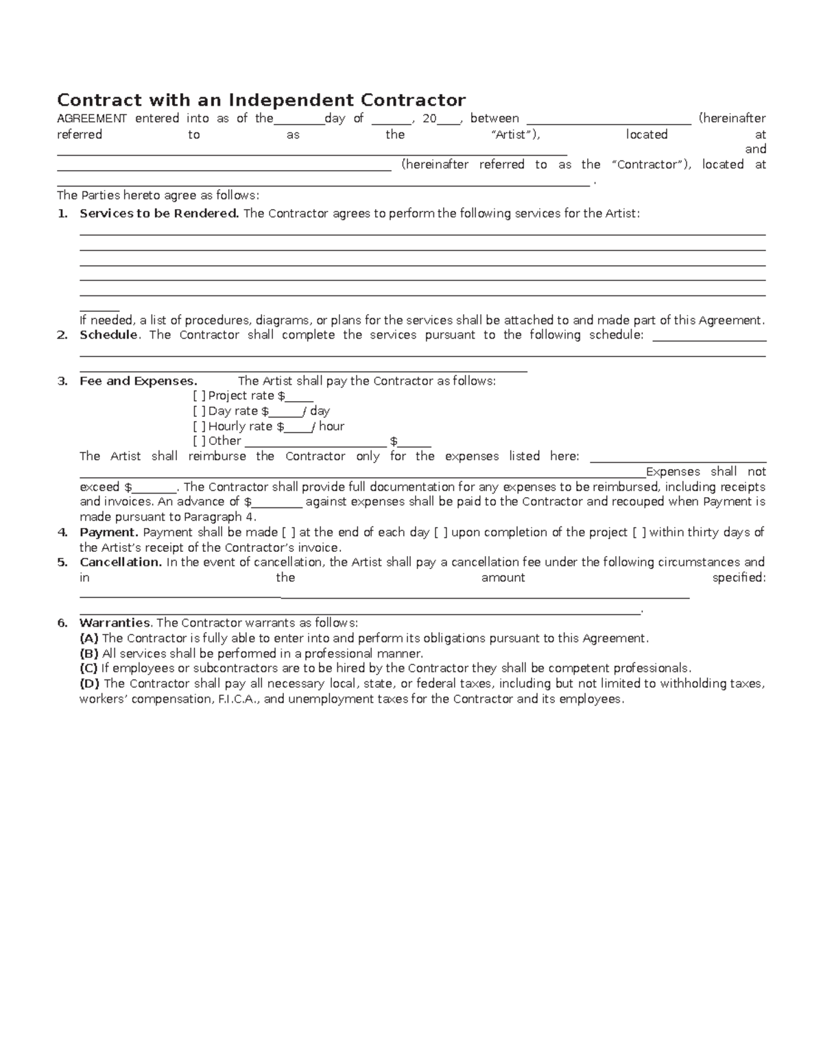 Form 17 - Contract with an Independent Contractor Template from the ...