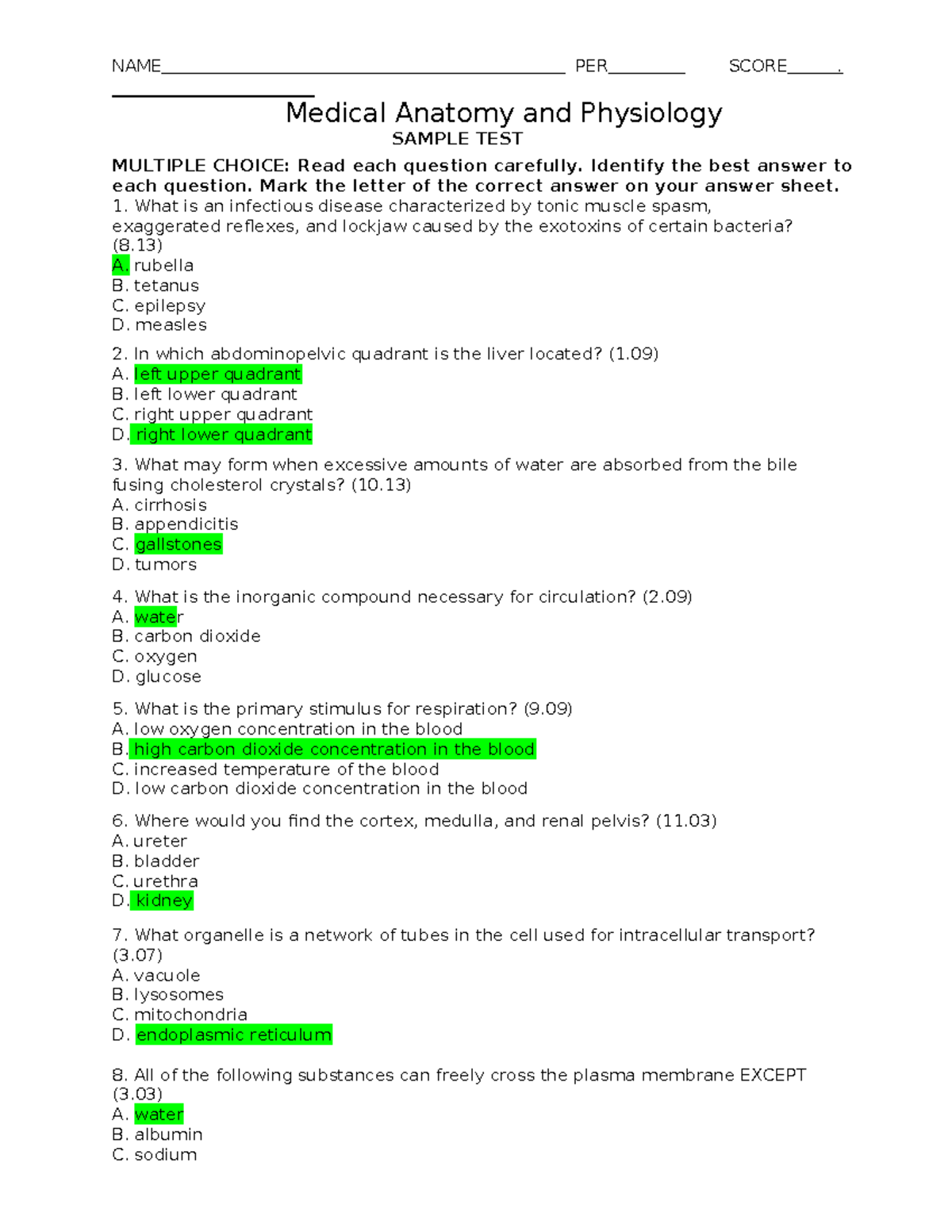 Copy of Sample TEST Final - NAME PER SCORE. Medical Anatomy and ...