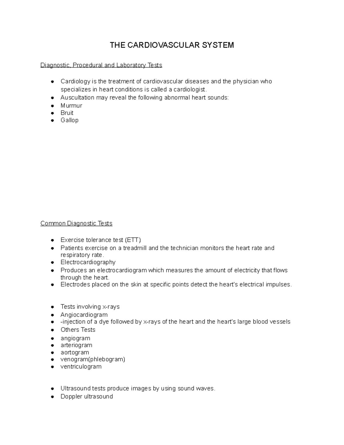 Medical Terminology II Notes 10 - THE CARDIOVASCULAR SYSTEM Diagnostic ...