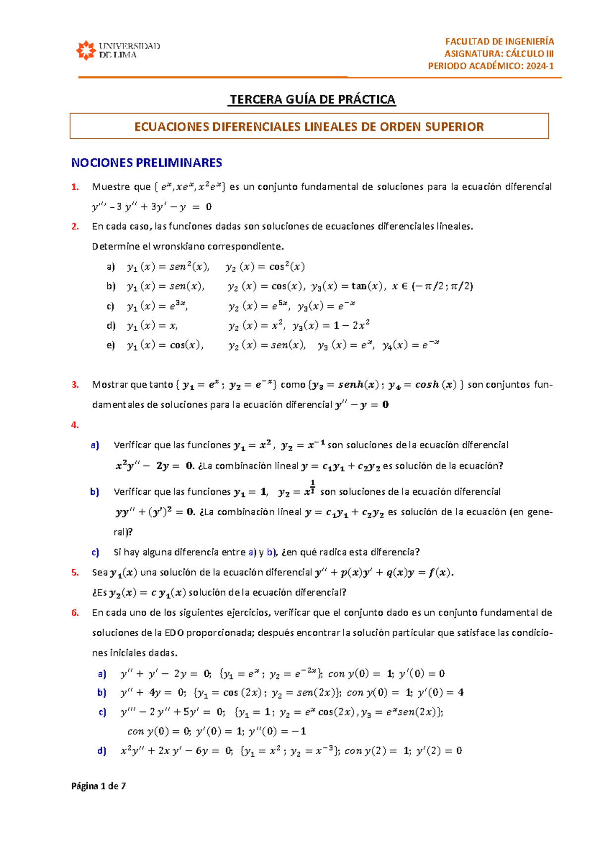 Tercera Guia de Practicas - ASIGNATURA: CÁLCULO III PERIODO ACADÉMICO: 202 4 - 1 TERCERA GUÍA DE ...