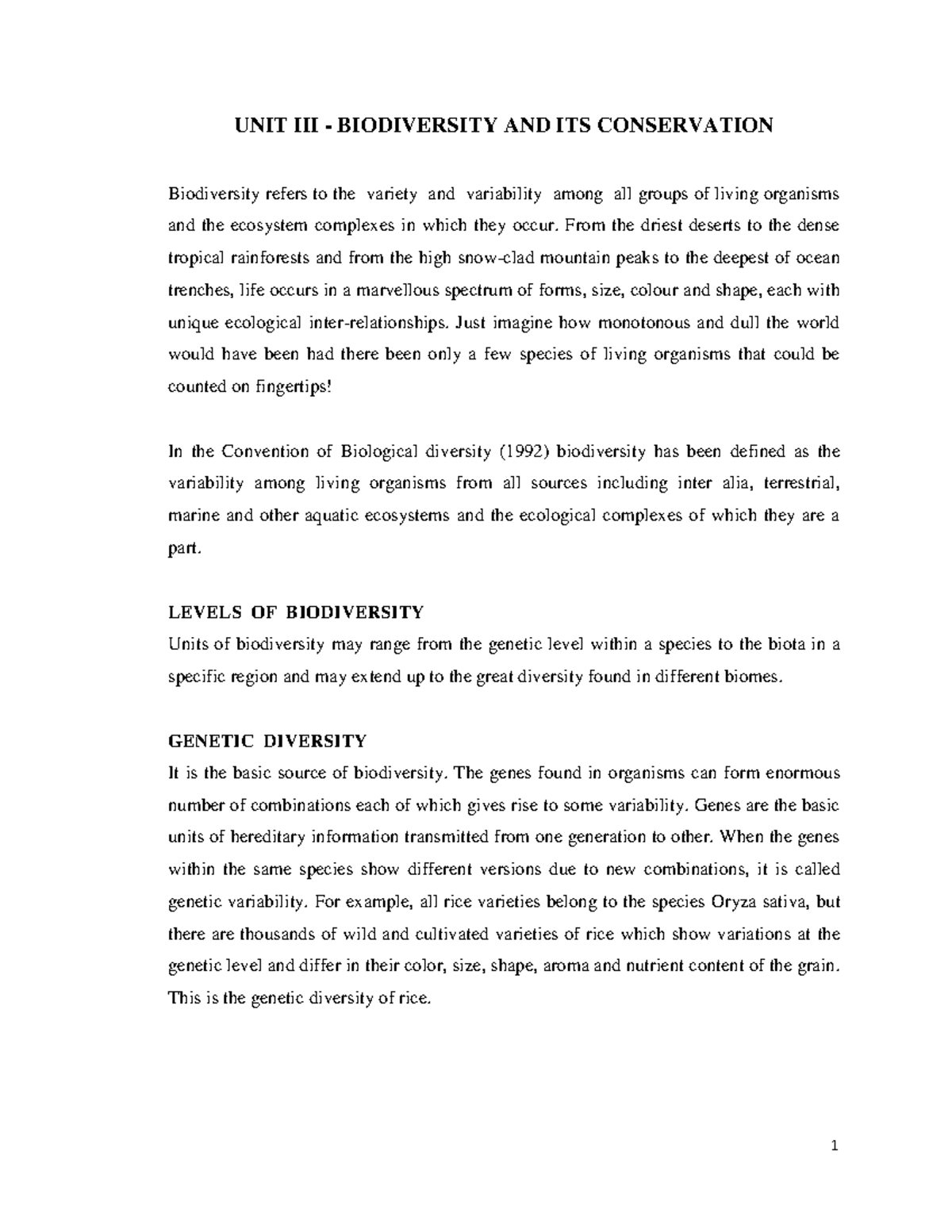 Unit 3 EVS - UNIT III - BIODIVERSITY AND ITS CONSERVATION Biodiversity ...