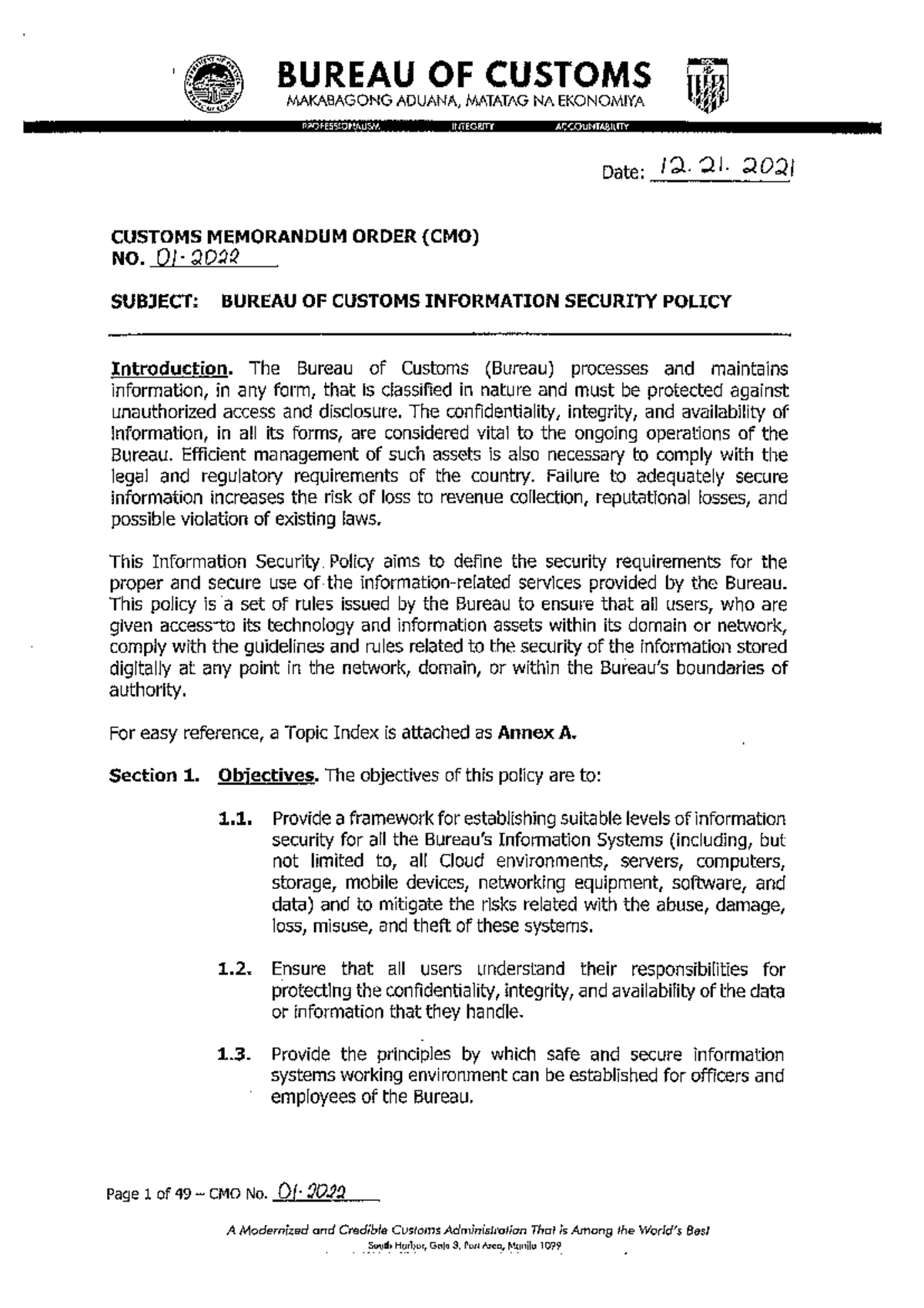 CMO 01 2022 BOC Information Security Policy - Business Administration ...