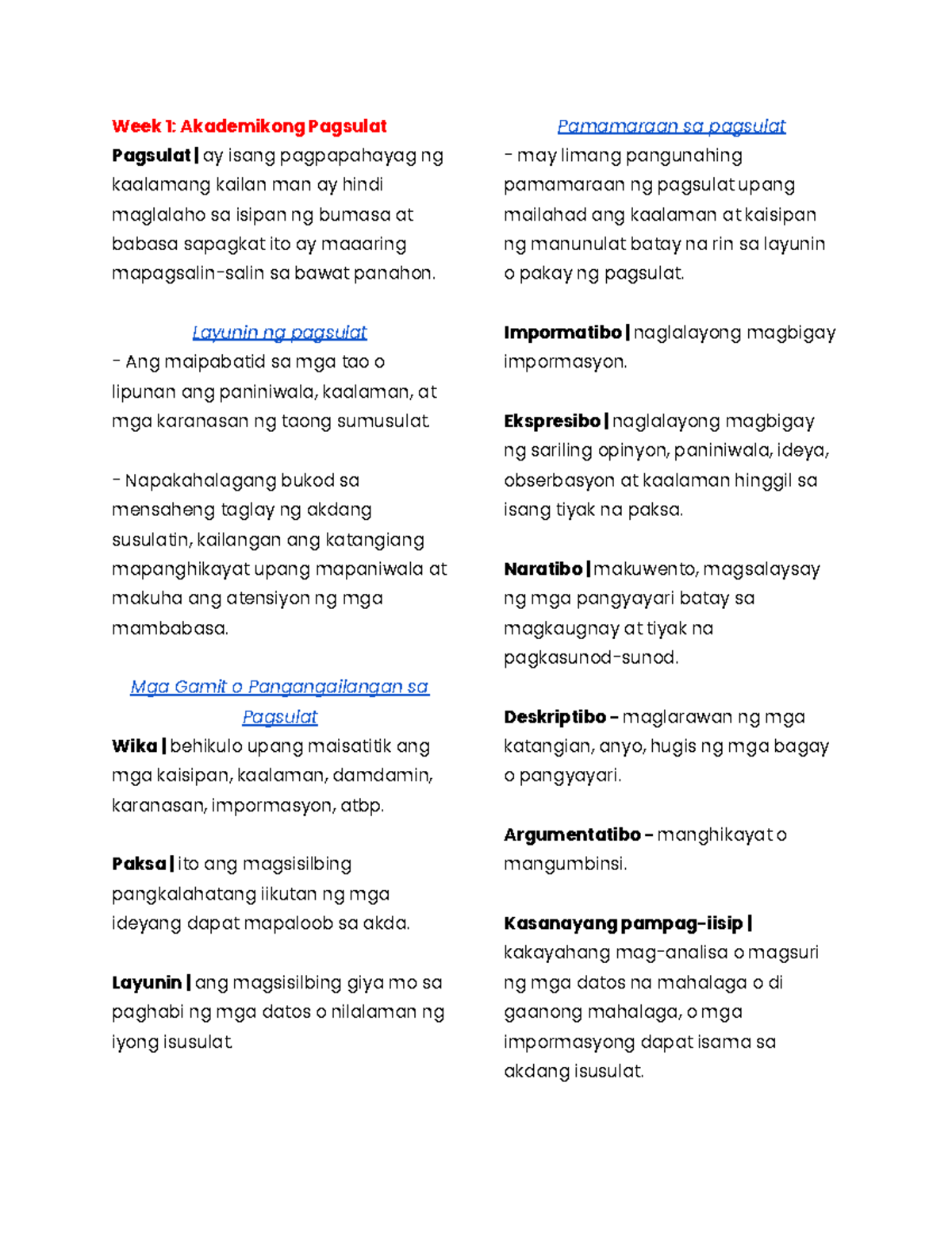 Pagsulat sa Filipino sa Piling Larangan - First Quarter Notes - Week 1 ...