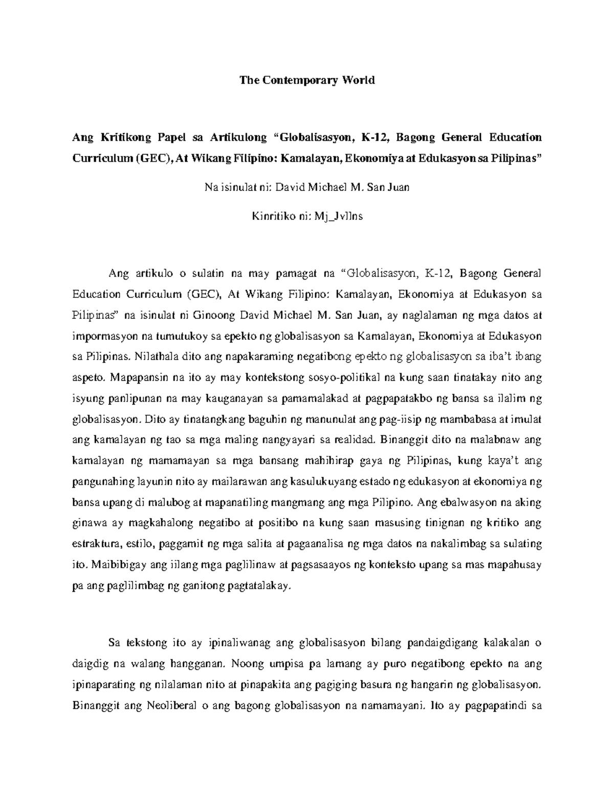 Kamalayan Ekonomiya at Edukasyon sa Pilipinas Critique paper - The ...