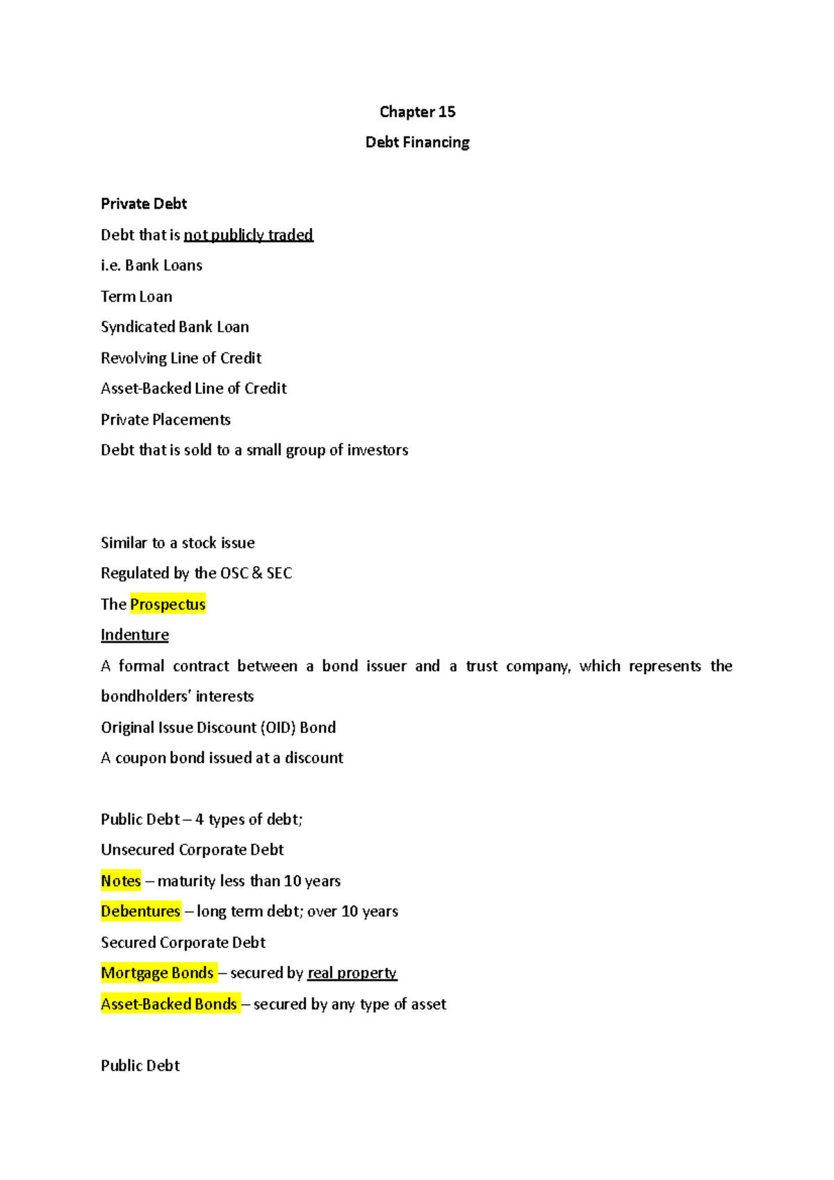 Chapter 15 Debt Financing - Notes - Chapter 15 Debt Financing Private ...
