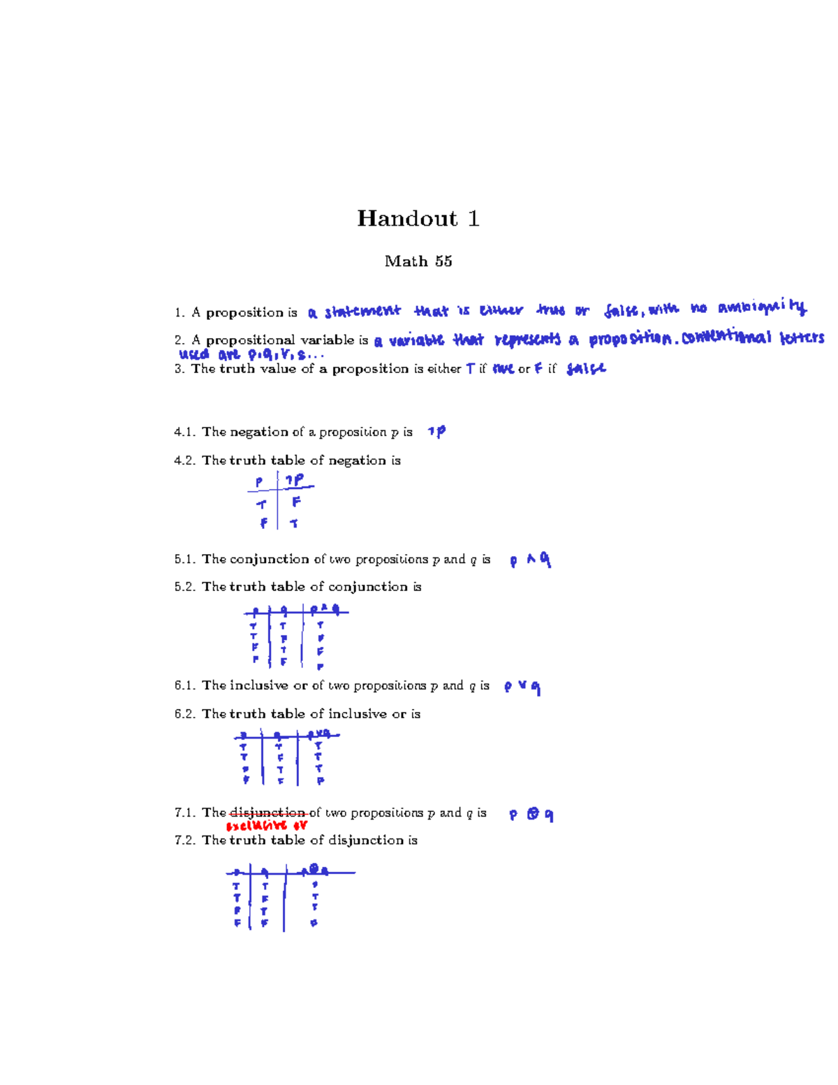 Handout 1 55 - Handout 1 Math 55 A proposition is A propositional ...