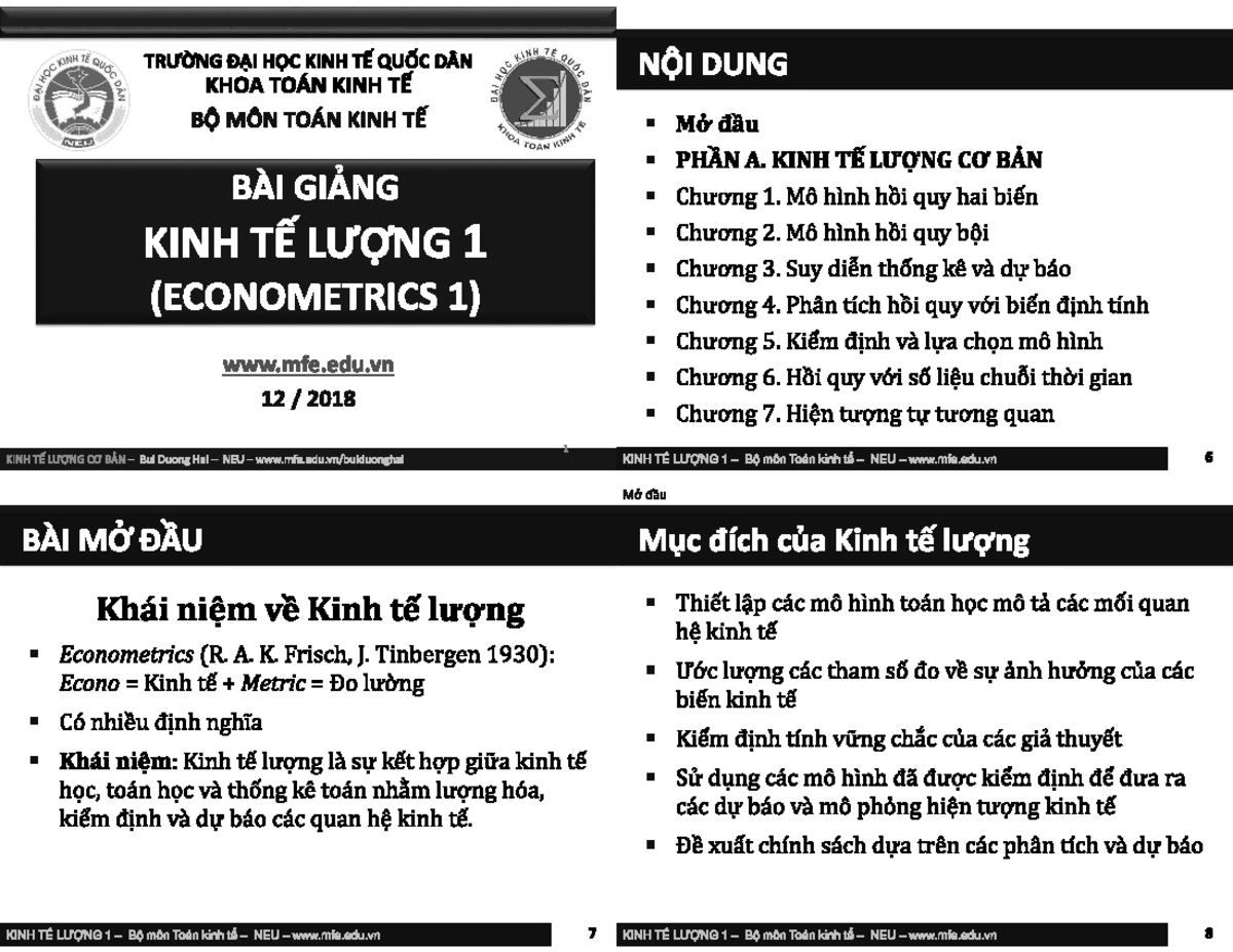 Slides KTL - Slide Kinh Tế Lượng 1 từ chương 1 đến chương 7 - Kinh tế lượng - NEU - Studocu