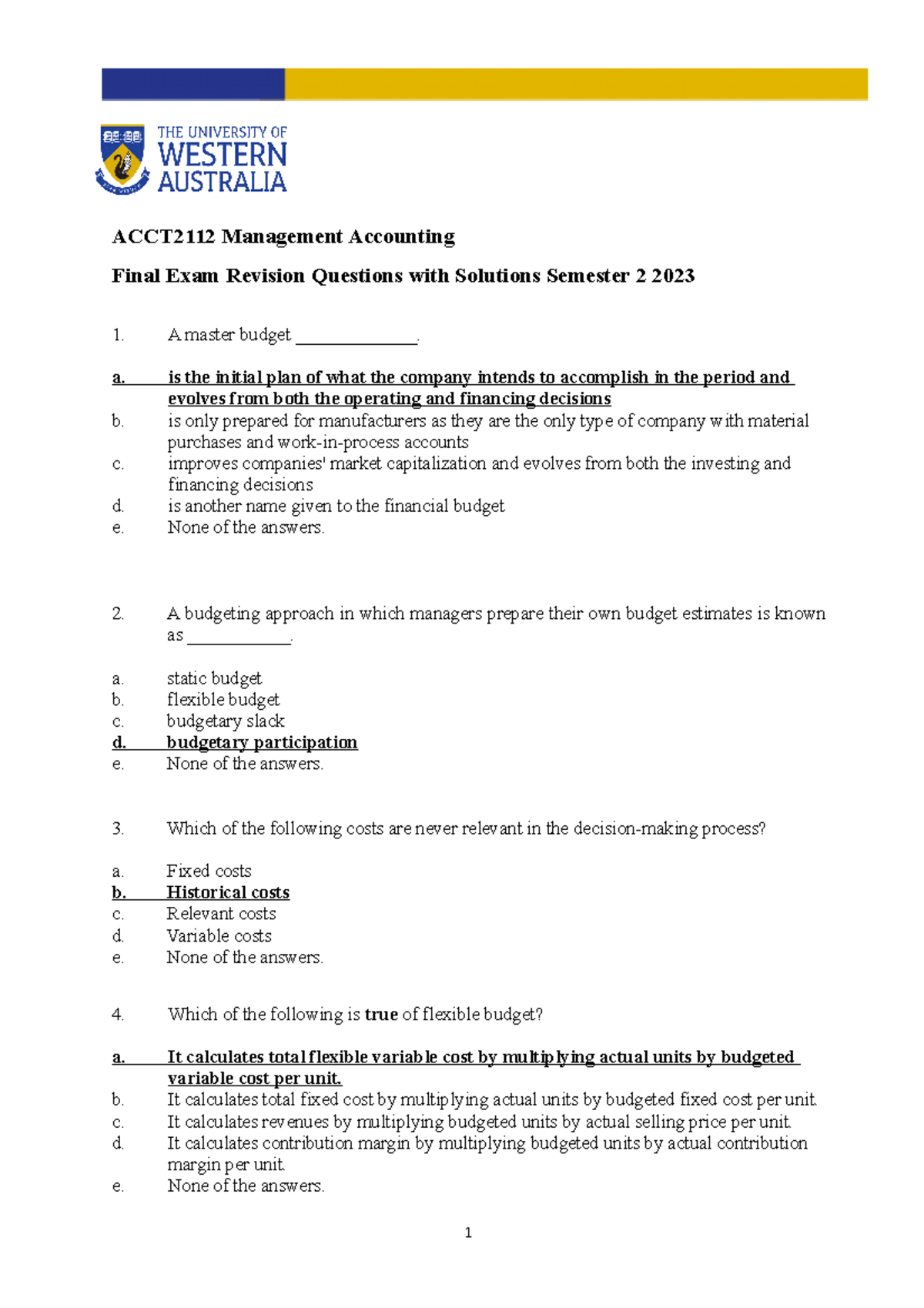 1a ACCT2112 MA Final Exam Revision Questions with Solutions S2 2023 - ACCT2112 Management ...
