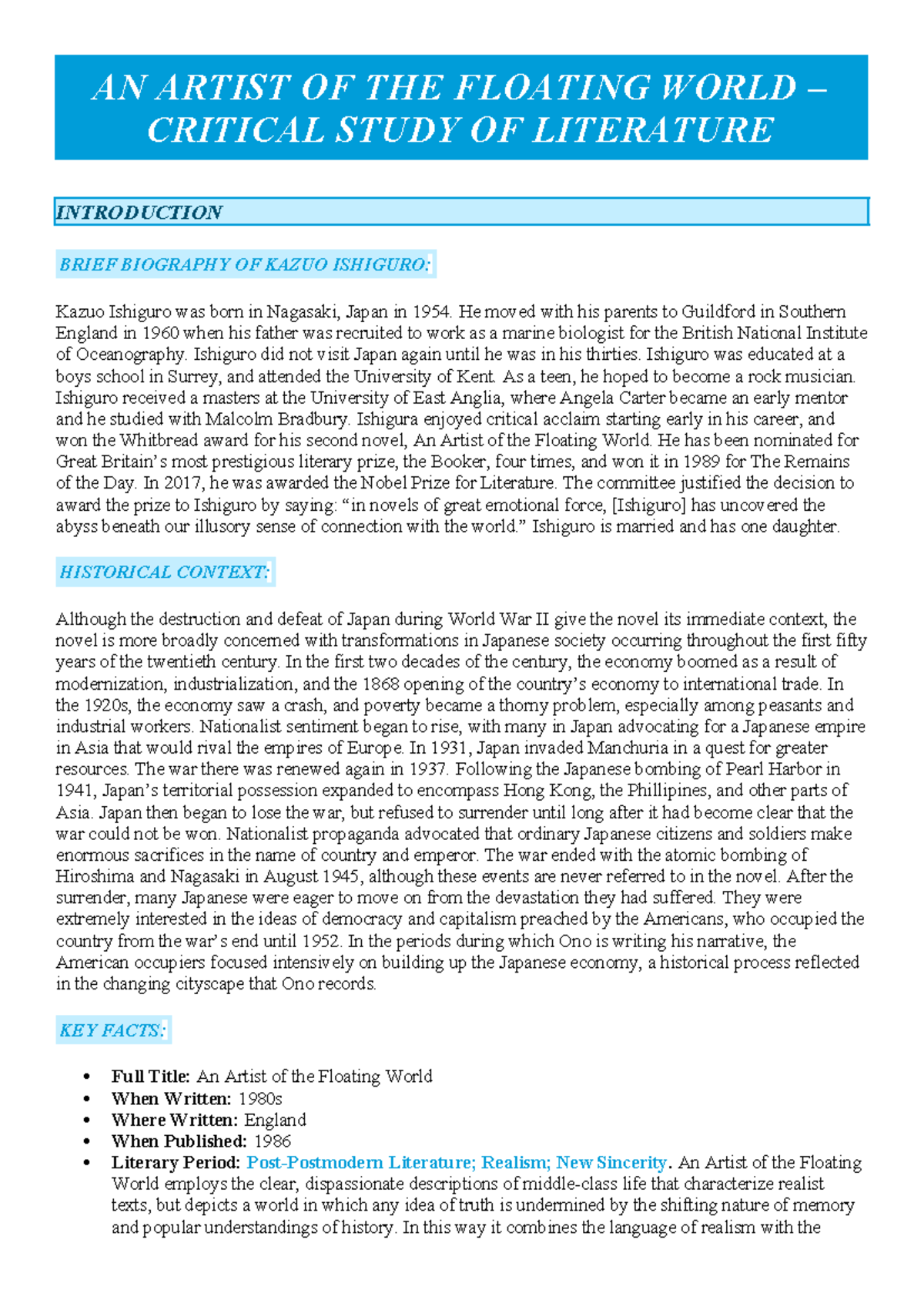 An Artist of the Floating World Notes - AN ARTIST OF THE FLOATING WORLD ...