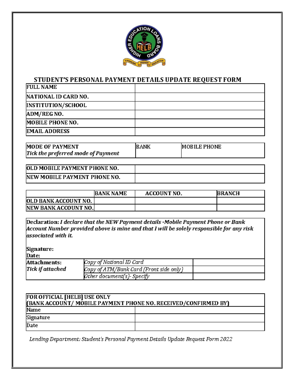 Change Request FORM Bank and Mobile - STUDENT’S PERSONAL PAYMENT ...