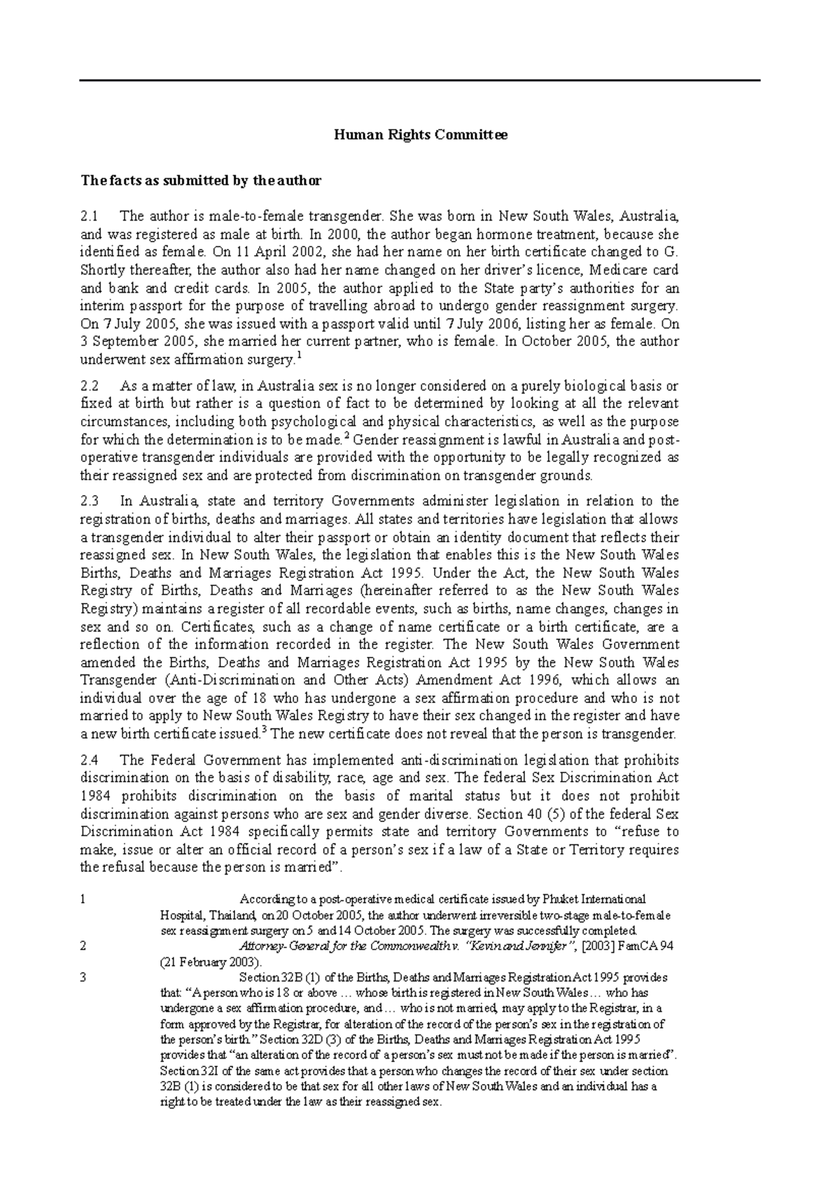 IHRL Class Exercise Sex and Gender - Human Rights Committee The facts ...