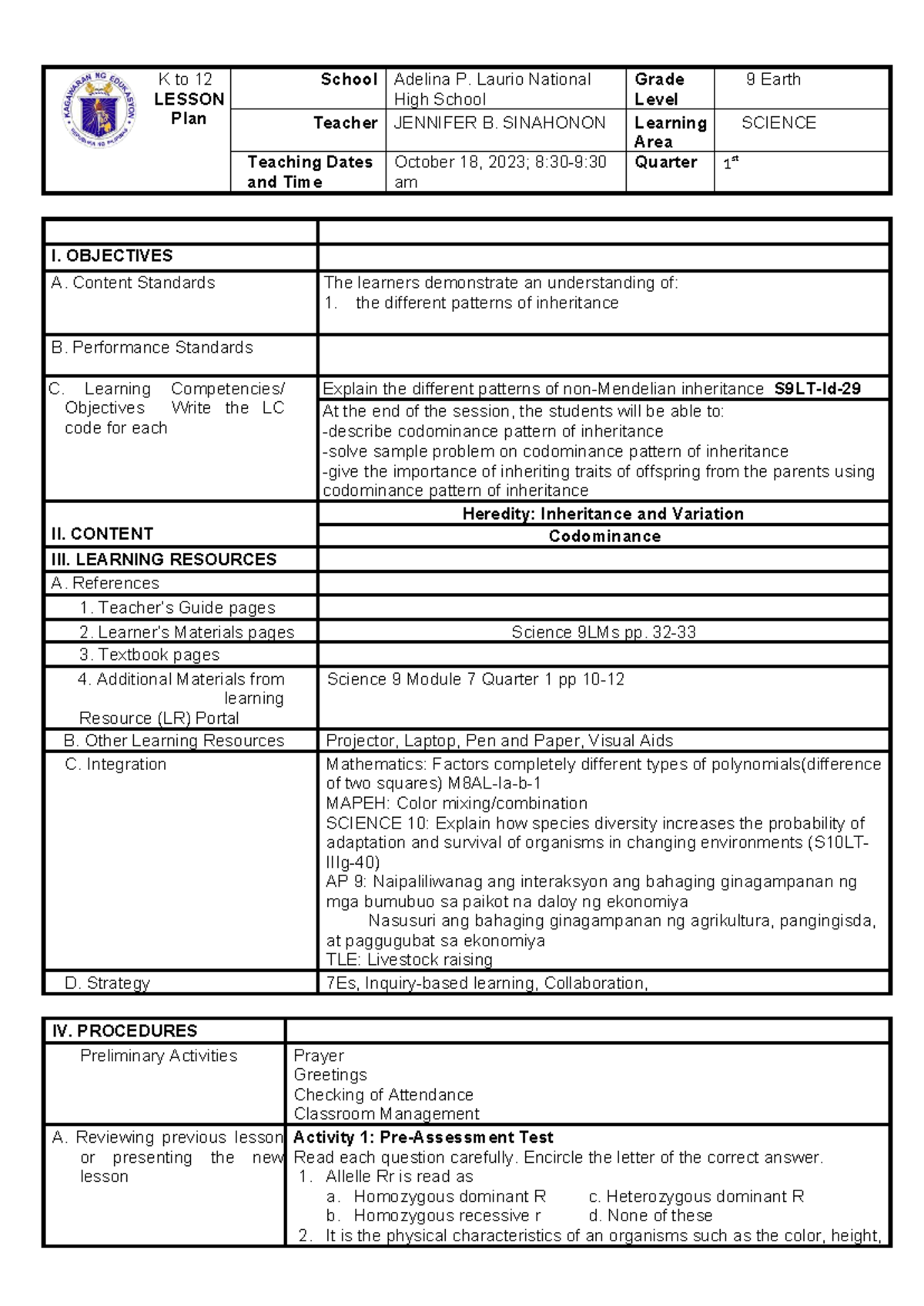 COT 1 Lesson Plan Grade 9 codominance - K to 12 LESSON Plan School ...