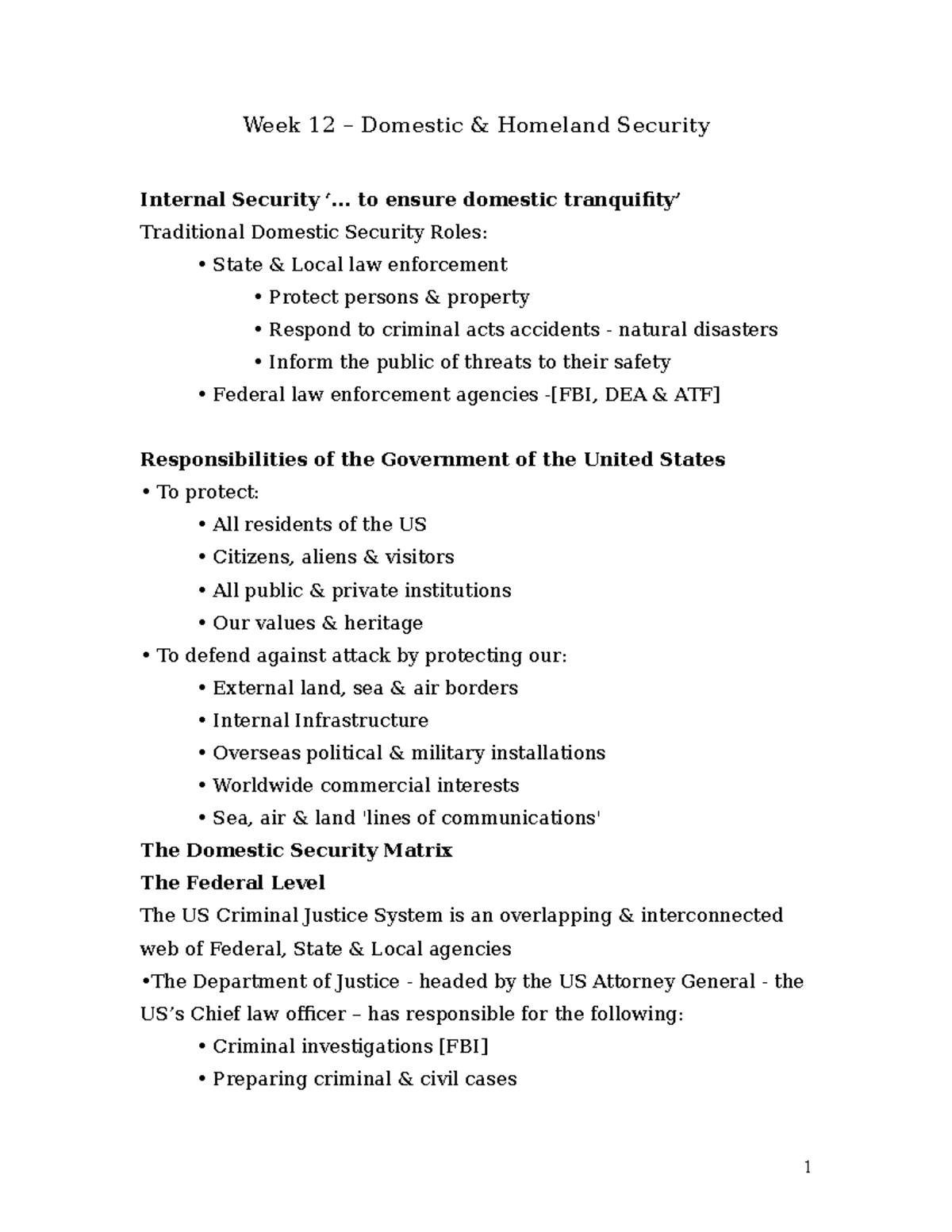 Week 12 (Domestic & Homeland Security) - Week 12 – Domestic & Homeland ...