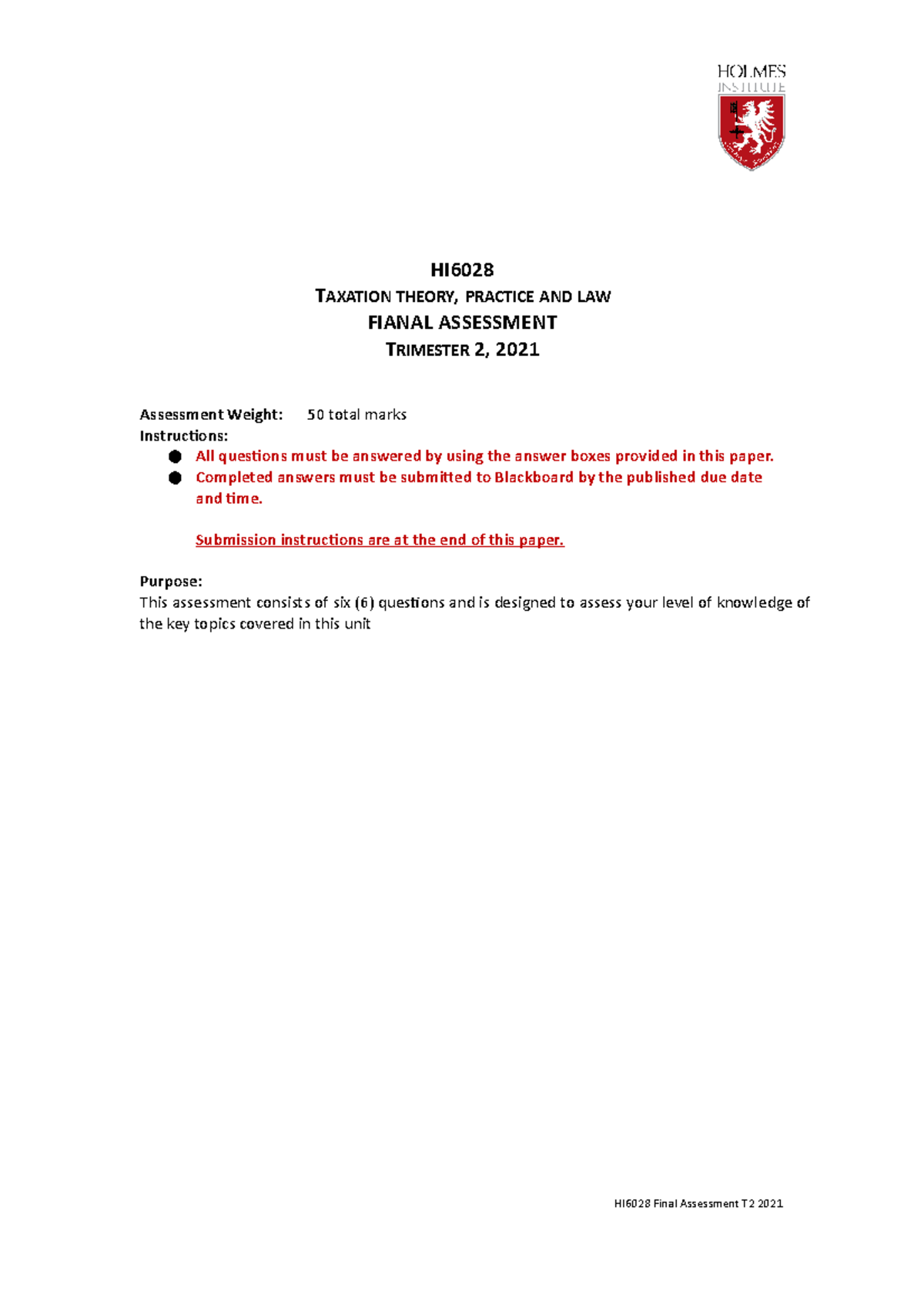 Stu document - final assessment HI6028 Taxation theory, practice and ...