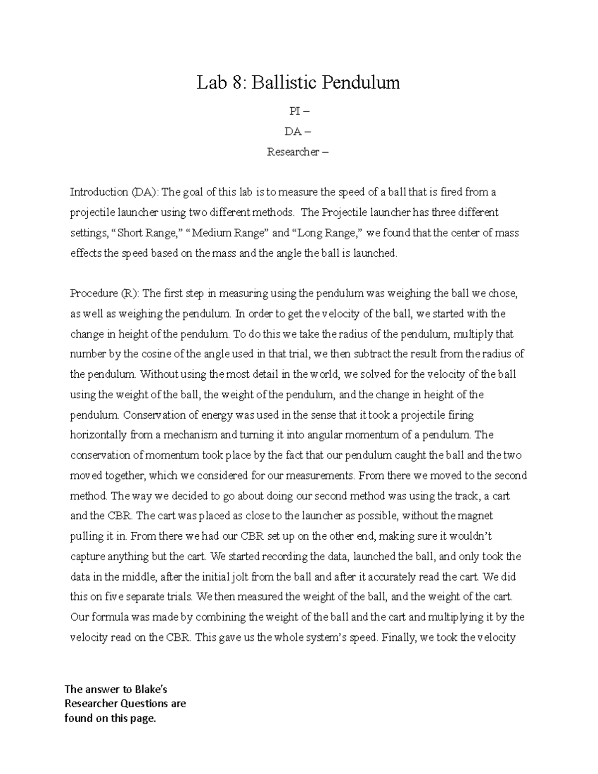 Lab report 8 - Lab on Ballistic Pendullum - Lab 8: Ballistic Pendulum ...