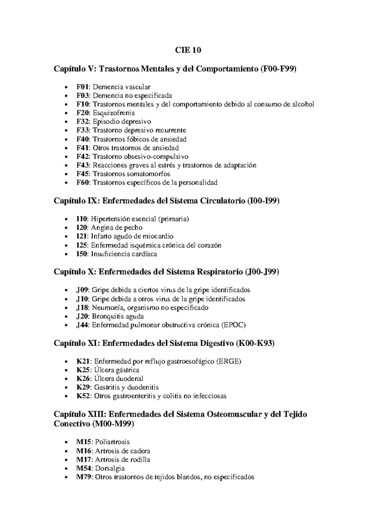 CIE 10 Y 5 proyectivas - CIE 10 Capítulo V: Trastornos Mentales y del Comportamiento (F00-F99 ...