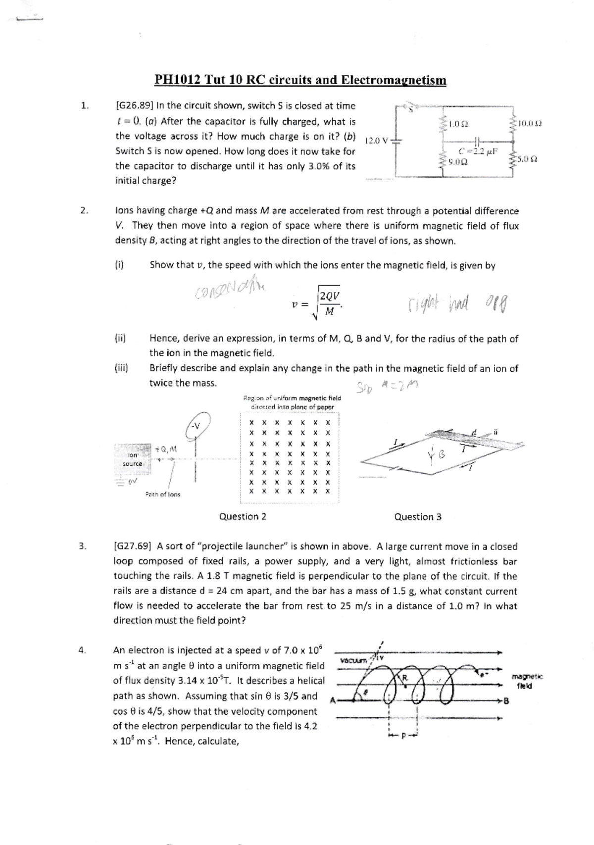 Physics A Tutorial 10 Solution - PH1012 Tut 10 RC circuits and Electromasnetism 1-. [G26] ln the ...
