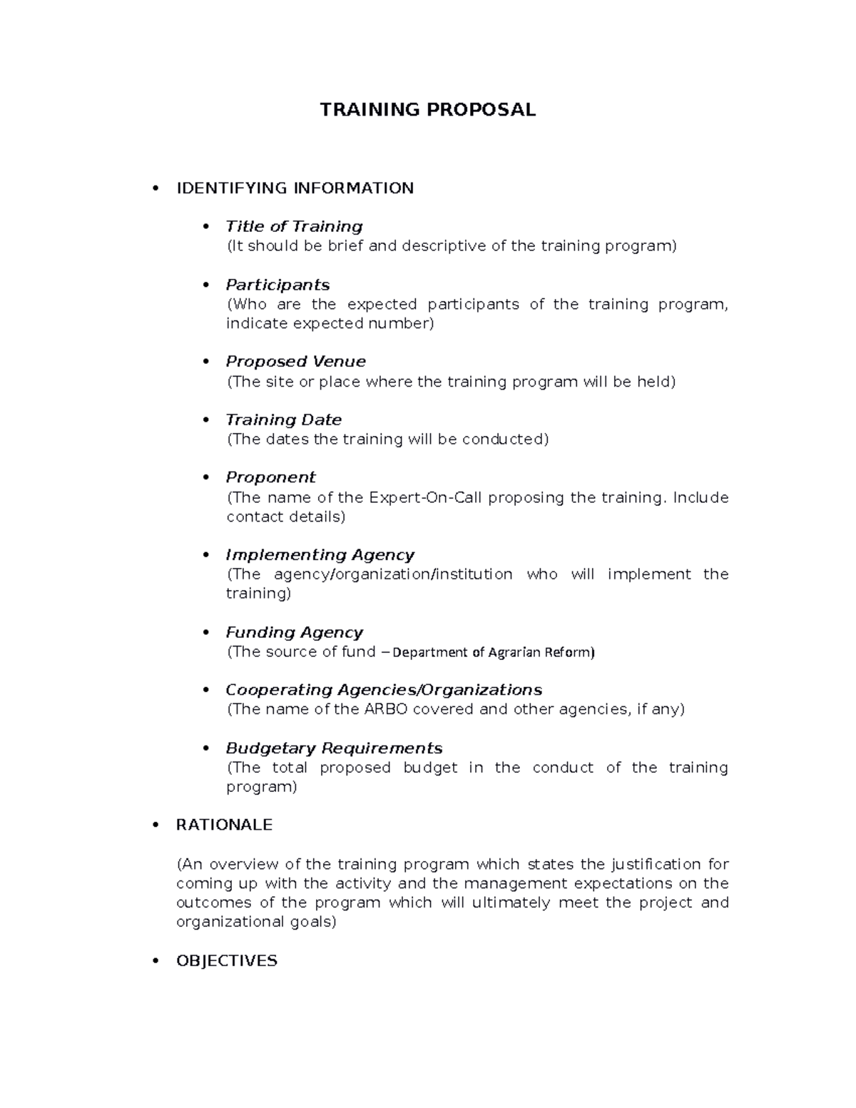 ANSC 13 Training Proposal Format - TRAINING PROPOSAL • IDENTIFYING ...