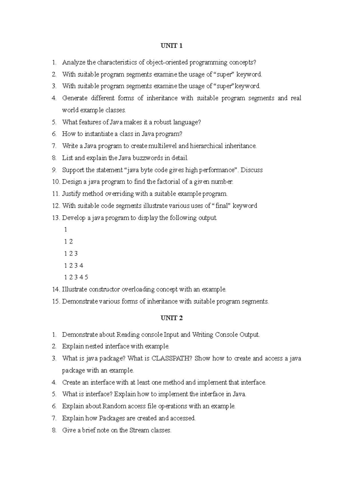 Final Questions - JAVA - UNIT 1 Analyze the characteristics of object ...