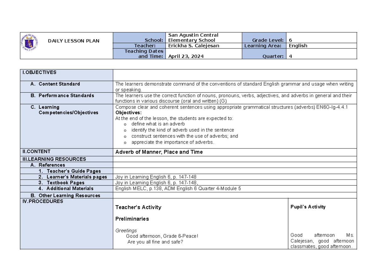 Adverbs Detailed Lesson Plan Grade VI - DAILY LESSON PLAN School: San ...