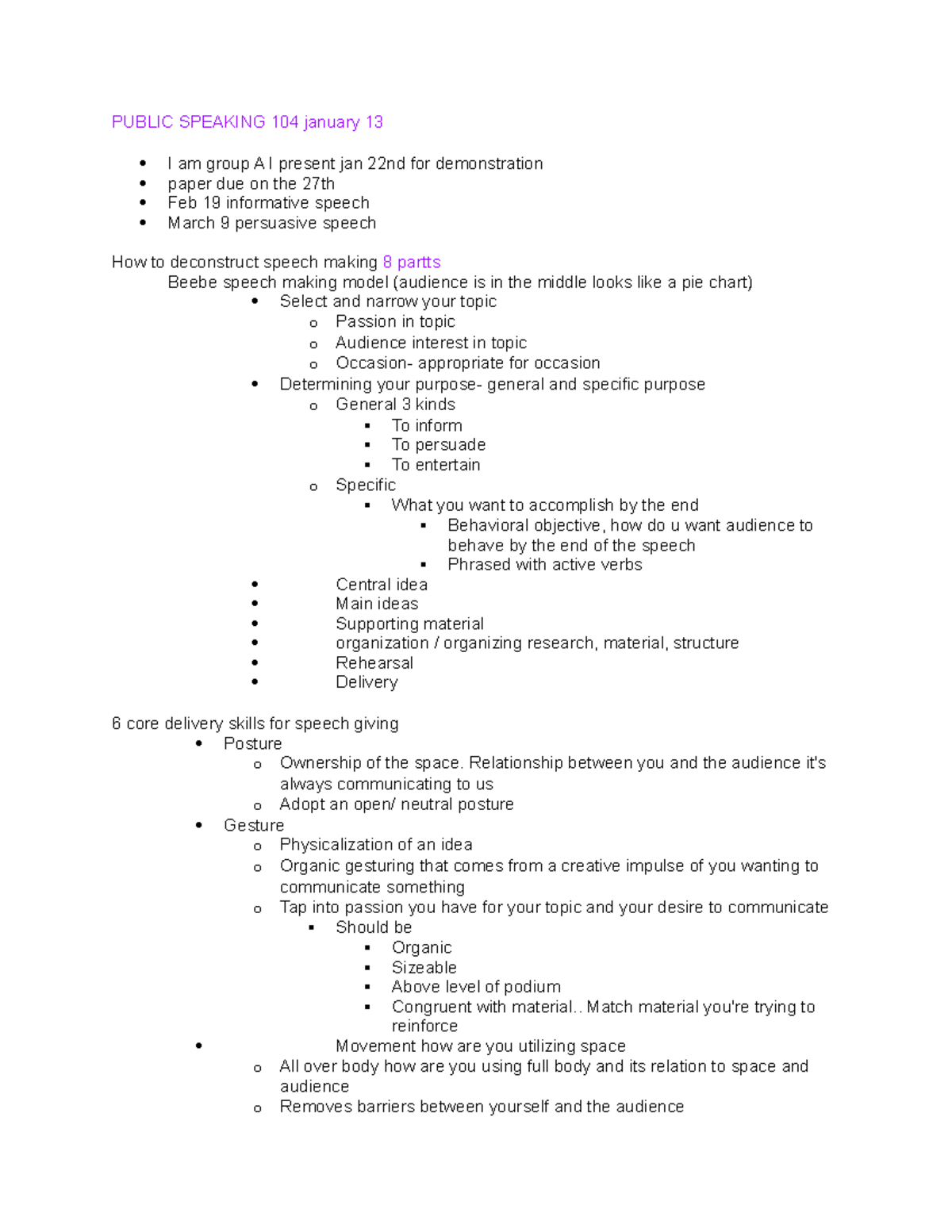 Public Speaking 104 notes - PUBLIC SPEAKING 104 january 13 I am group A ...