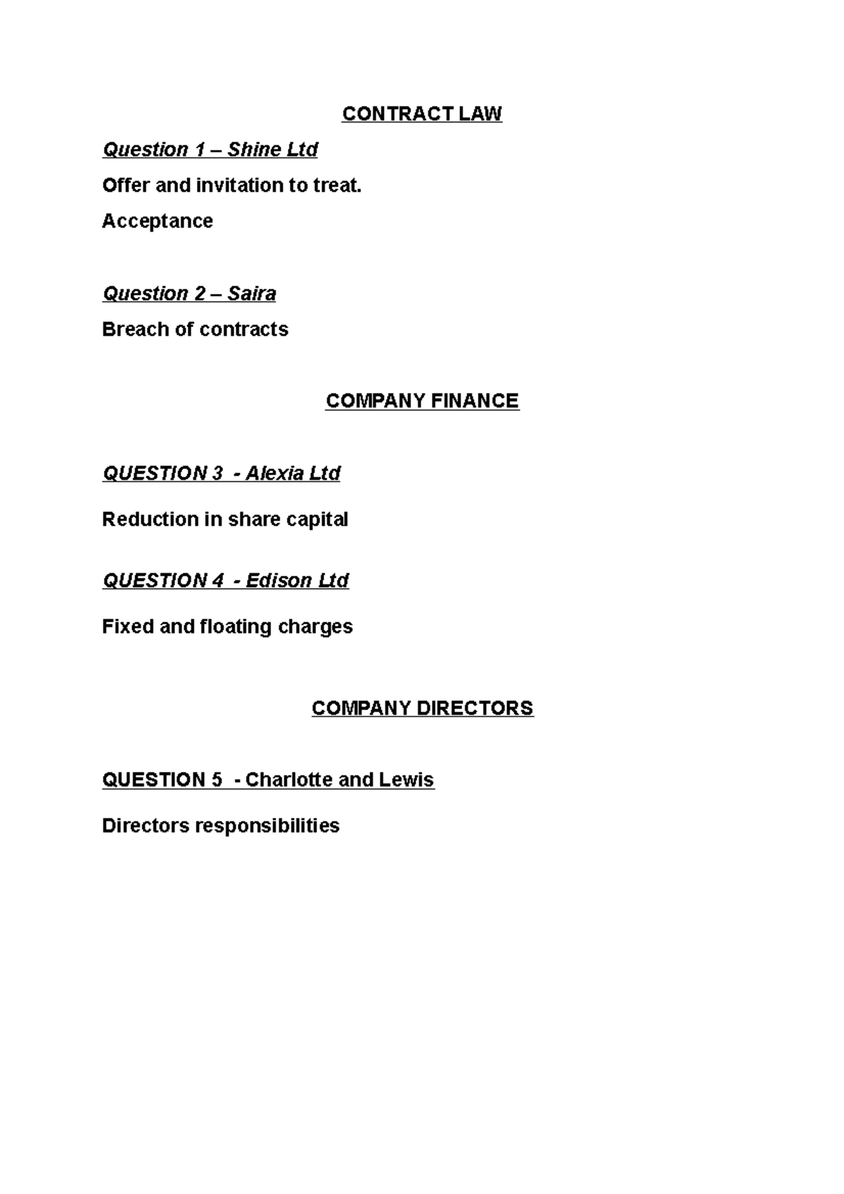 Revision questions (4) - Copy - CONTRACT LAW Question 1 – Shine Ltd ...