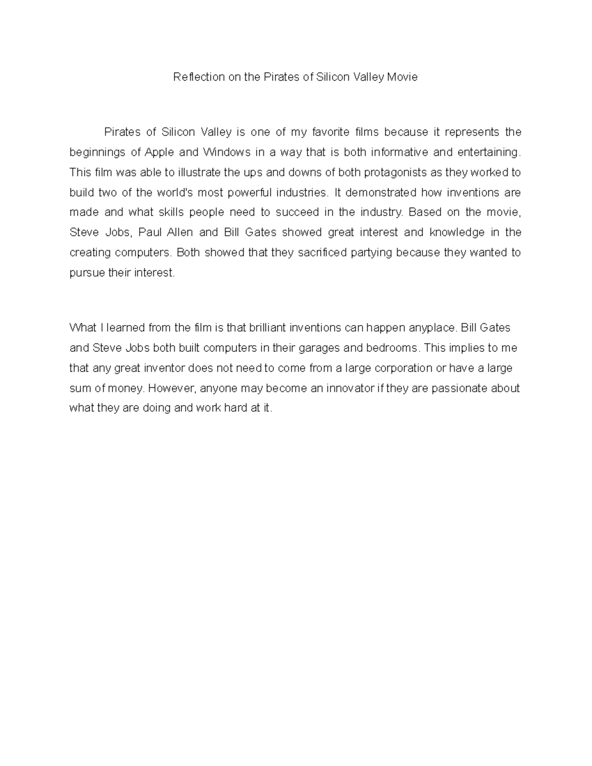 Reflection on Pirates of Silicon Valley The movie - Reflection on the ...