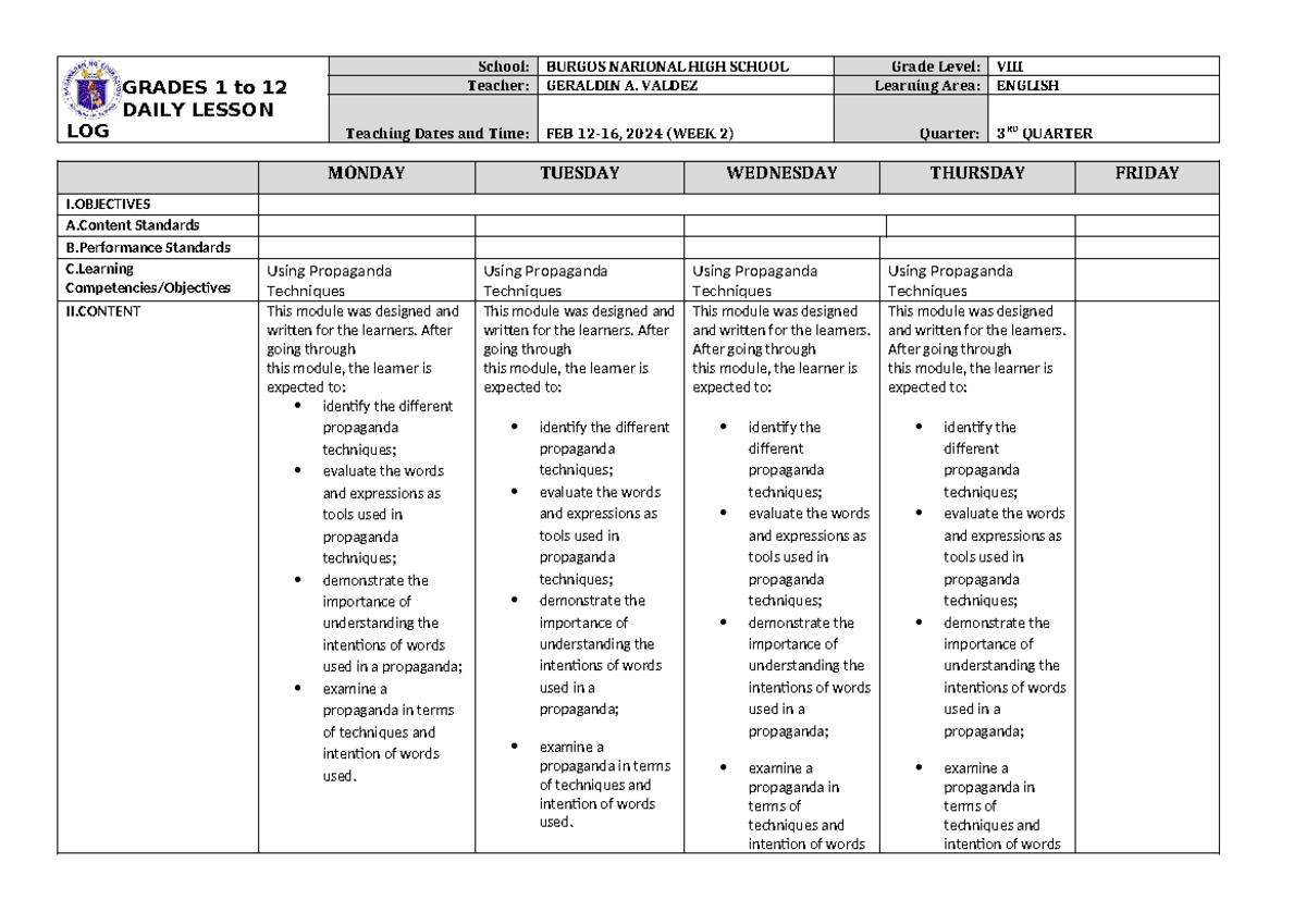 daily lesson log - GRADES 1 to 12 DAILY LESSON LOG School: BURGOS ...