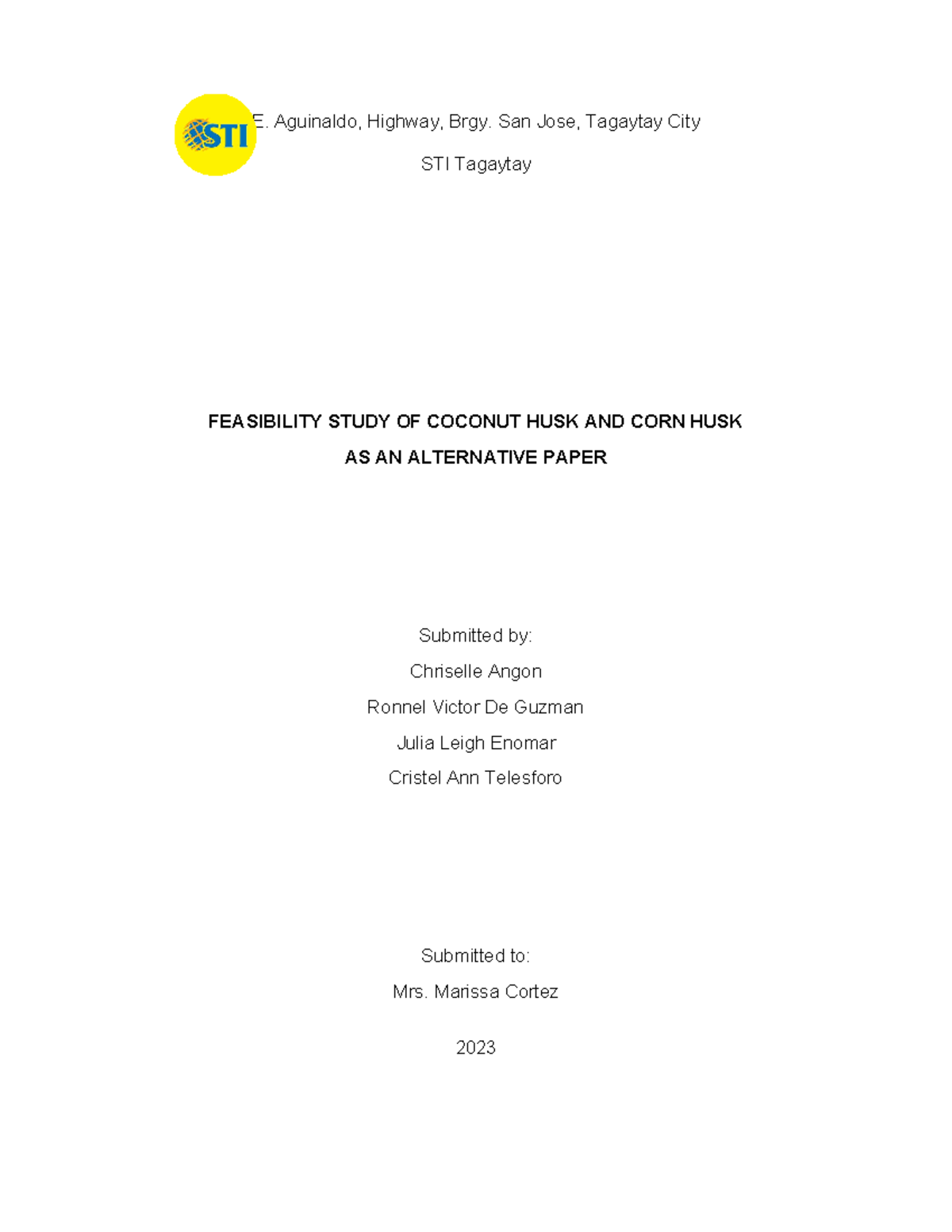 Feasibility Study of Coconut Husk and Corn Husk As an Alternative Paper ...