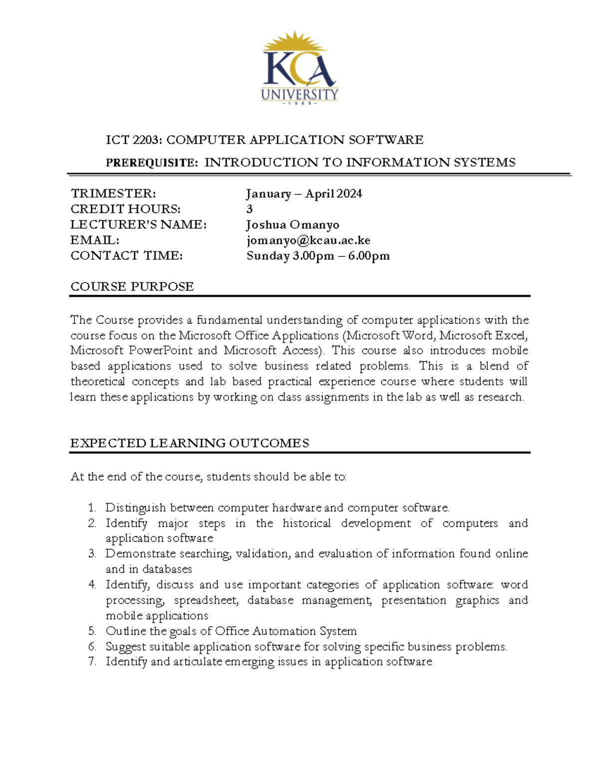 ICT 2203 Computer Application Software January - April 2024 Course Outline - ICT 2203: COMPUTER ...