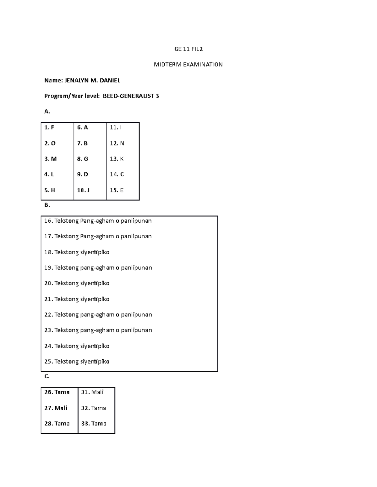 Jenalyn Daniel GE 11 FIL2 Midterm Exam-WPS Office - GE 11 FIL MIDTERM ...