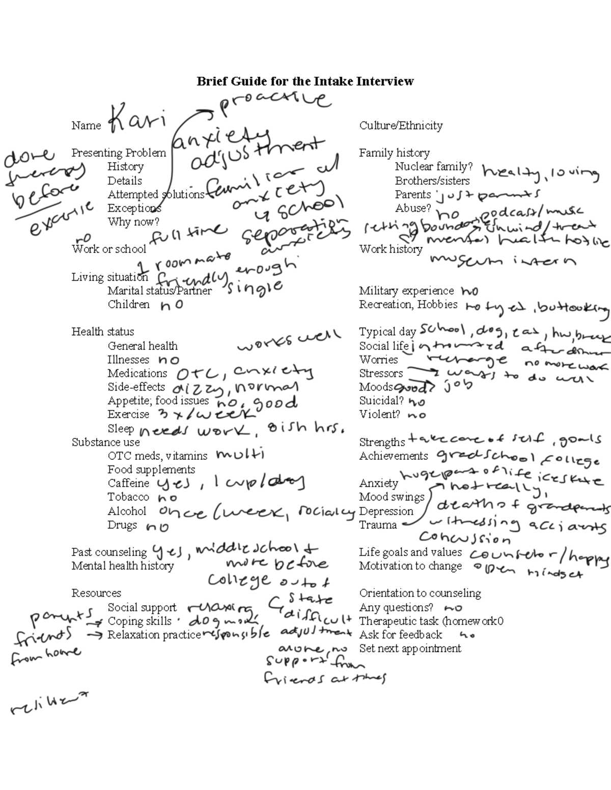 Brief Guide for Intake - Brief Guide for the Intake Interview Name ...