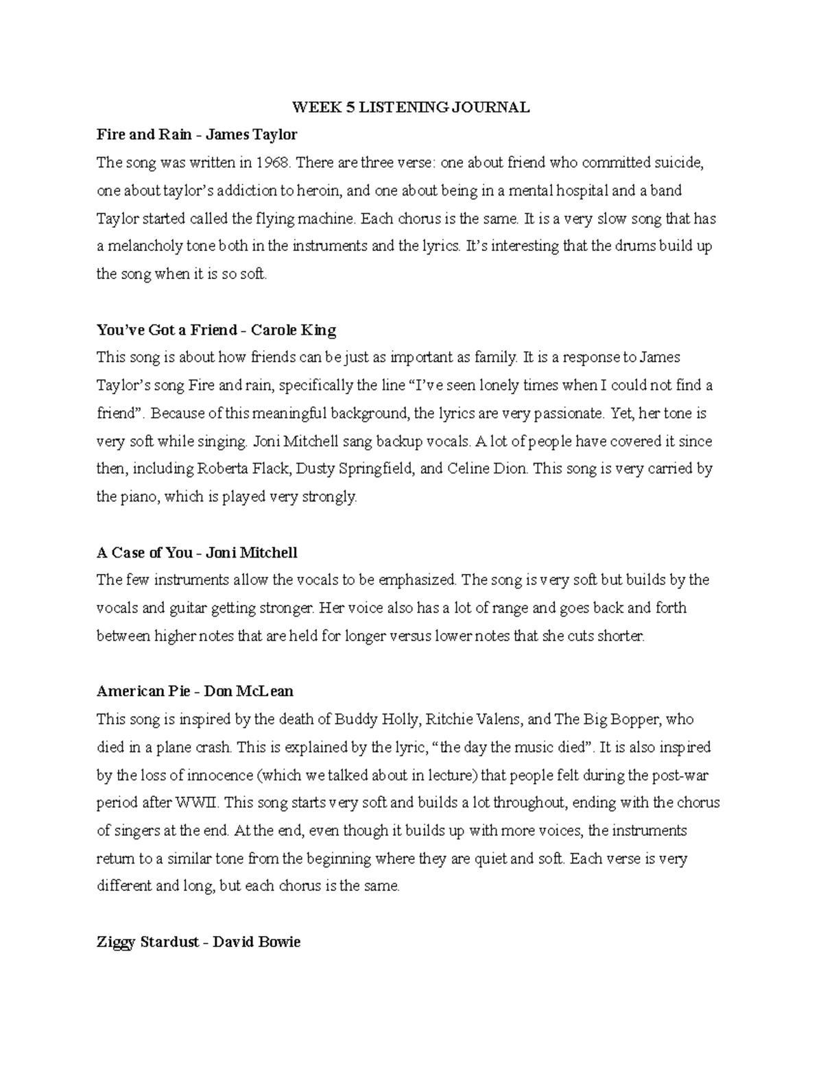 Week 5 Listening Journal - WEEK 5 LISTENING JOURNAL Fire and Rain ...