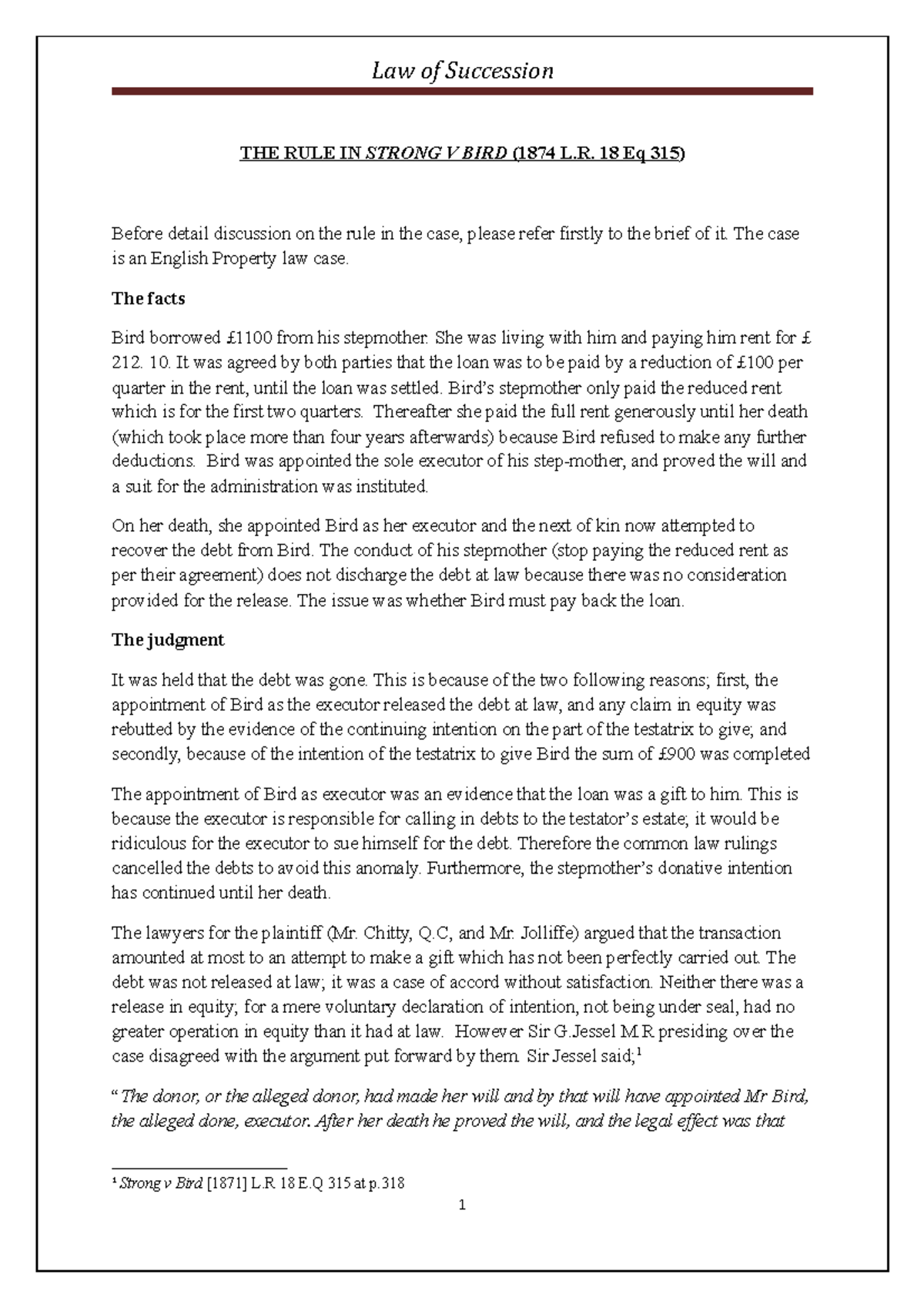 Succession Assignment on Baird vs Baird - THE RULE IN STRONG V BIRD ...