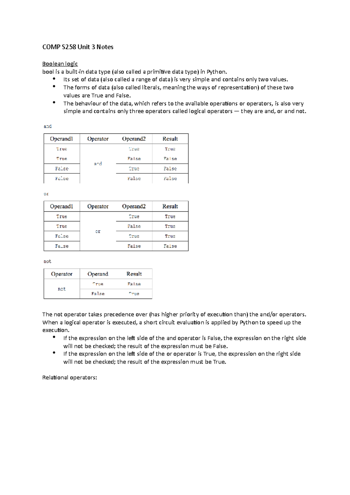 COMP S258 Unit 3 Notes - COMP S258 Unit 3 Notes Boolean logic bool is a ...