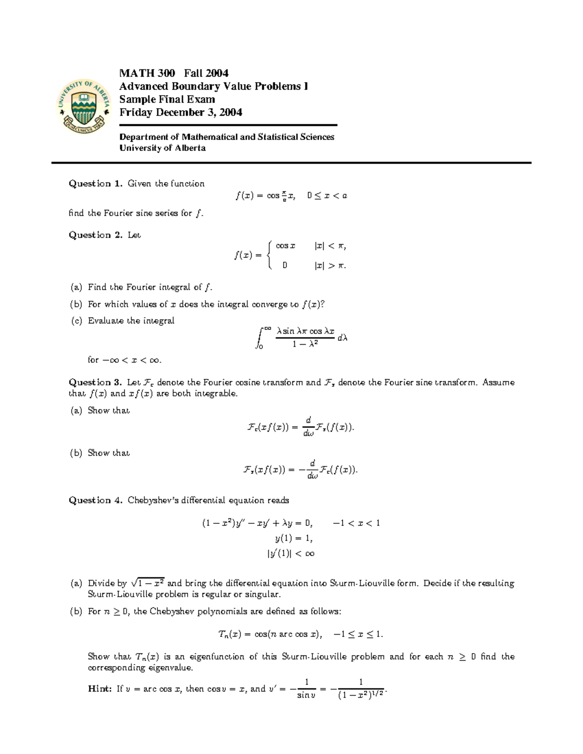 Sample final exam - MATH 300 Fall 2004 Advanced Boundary Value Problems ...