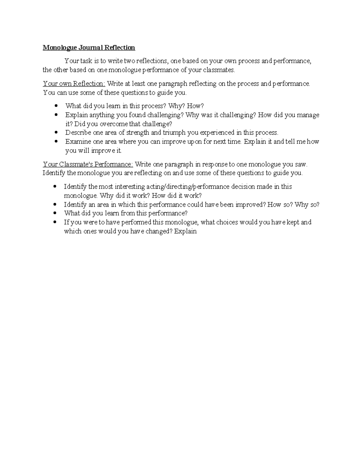 Monologue Journal Reflection - Your own Reflection: Write at least one ...