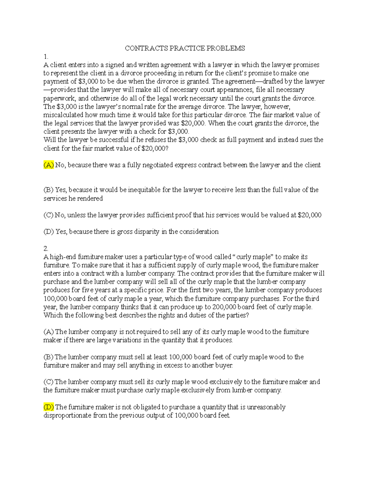 Contracts Practice Problems - CONTRACTS PRACTICE PROBLEMS 1. A client ...