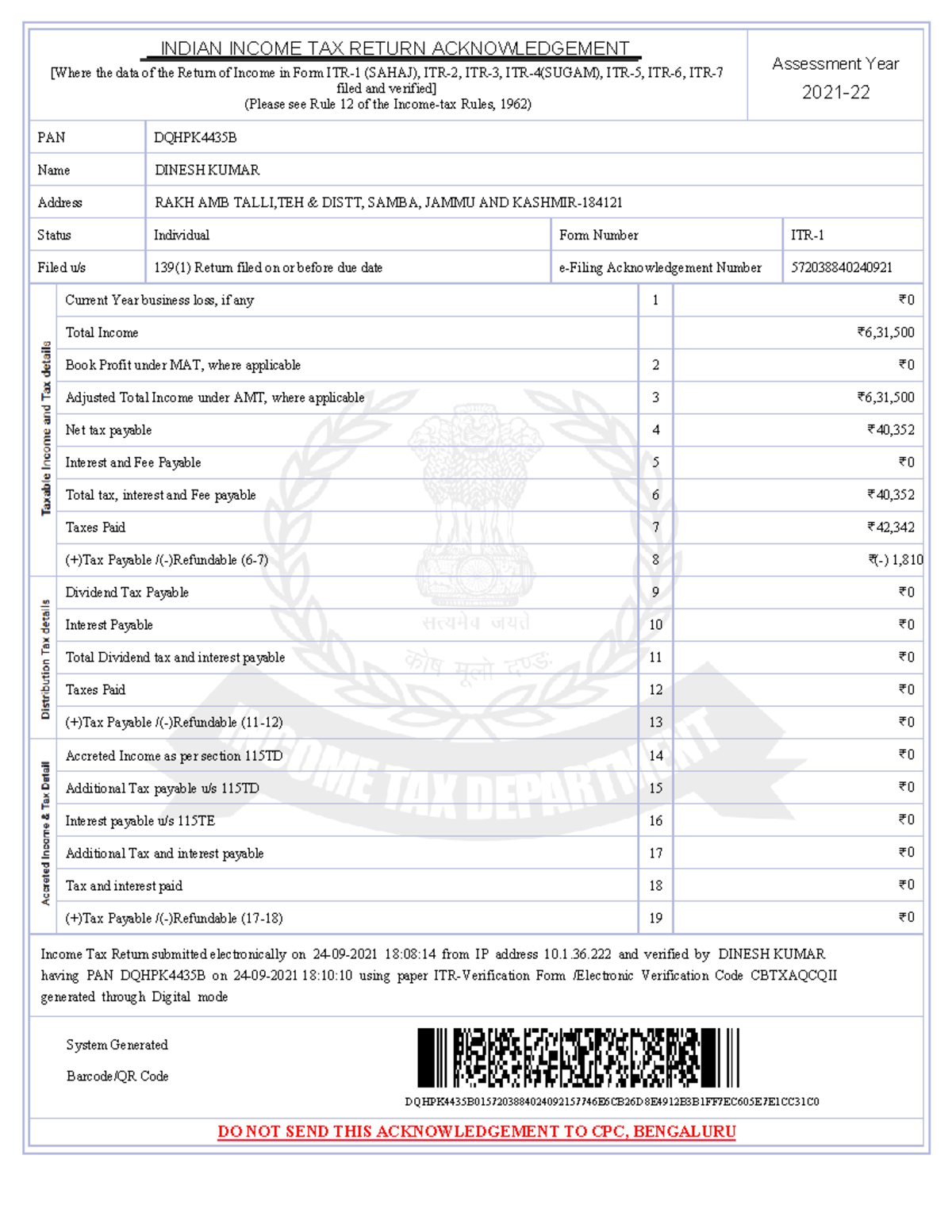 ITR 2021-22-23 - INDIAN INCOME TAX RETURN ACKNOWLEDGEMENT [Where the ...