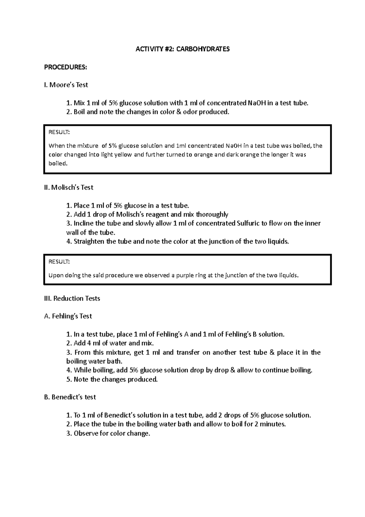 Activity 2 Carbohydrates - ACTIVITY #2: CARBOHYDRATES PROCEDURES: I ...