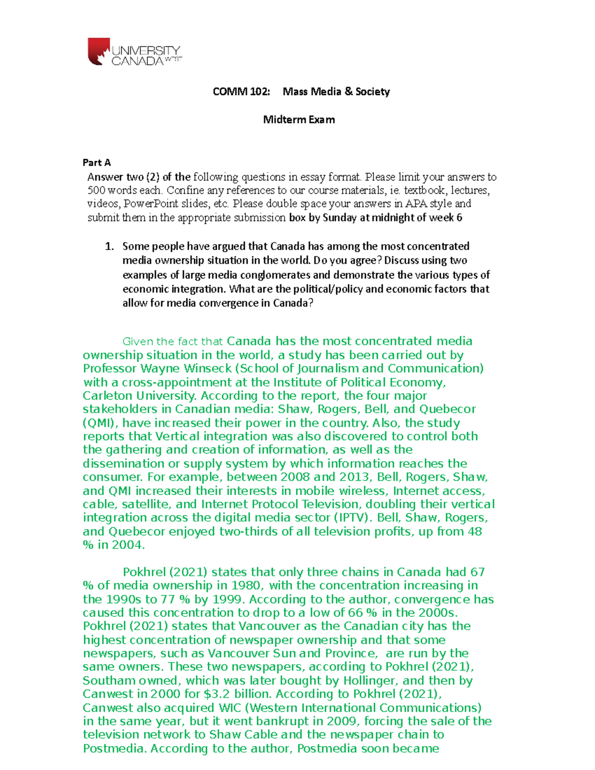 COMM 102 Midterm Exam - COMM 102: Mass Media & Society Midterm Exam ...