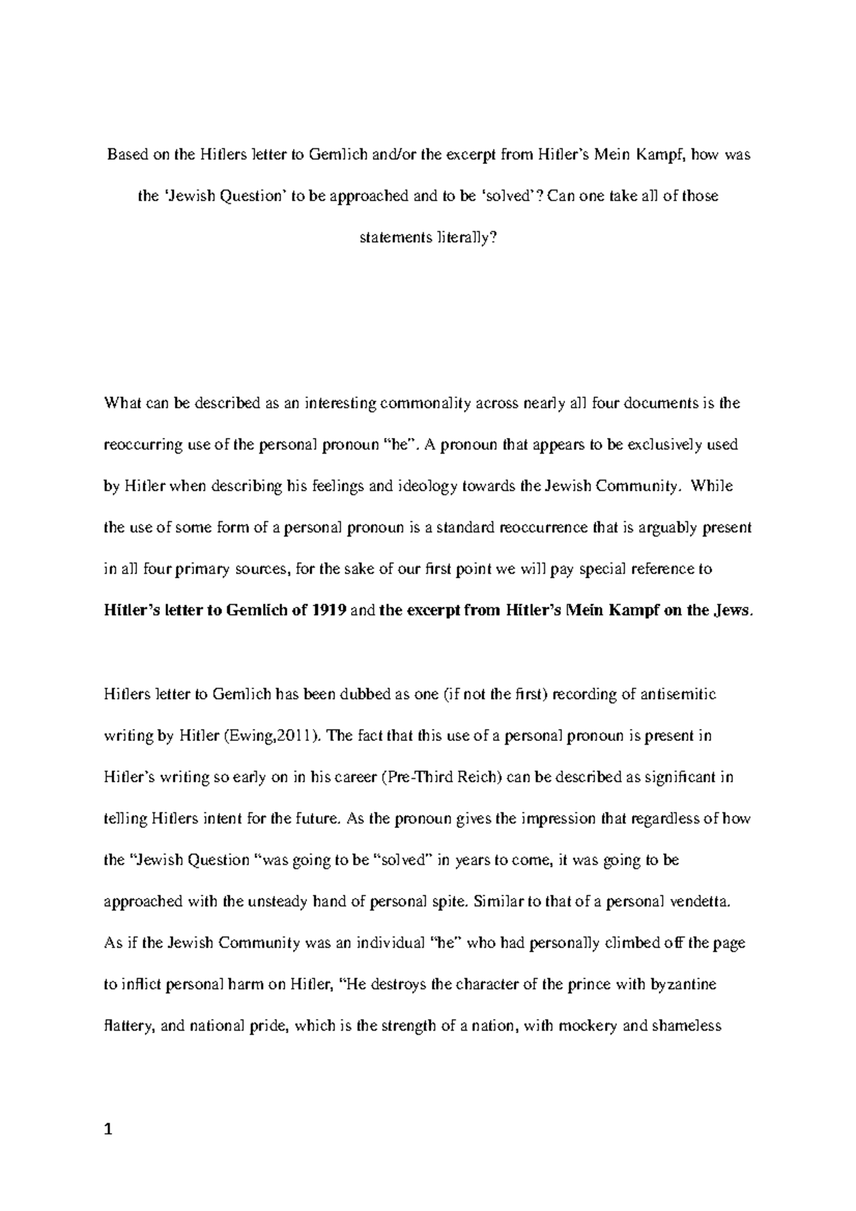 Nazi Essay - Grade: A - Based on the Hitlers letter to Gemlich and/or ...