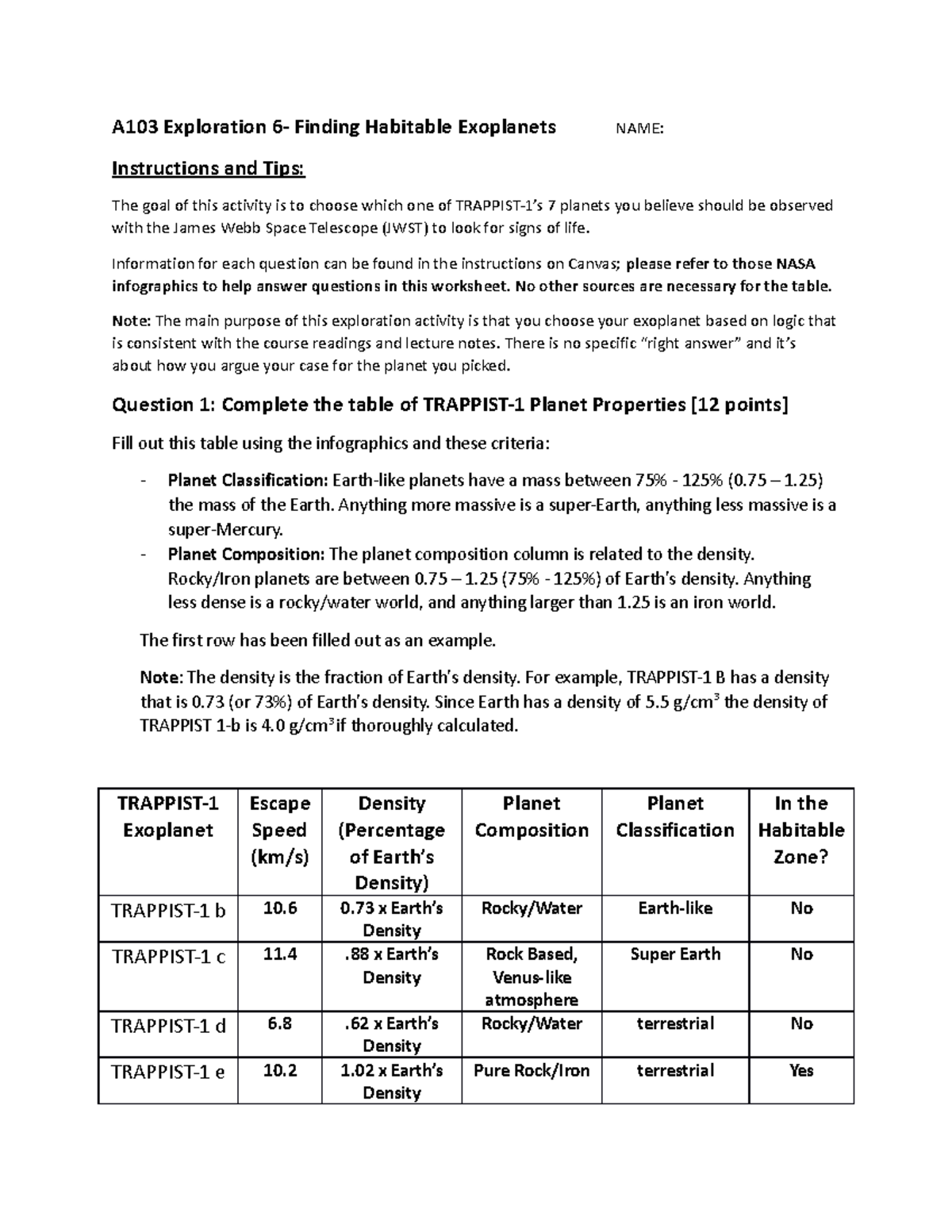 A103 Exploration 6 Worksheet - A103 Exploration 6- Finding Habitable ...