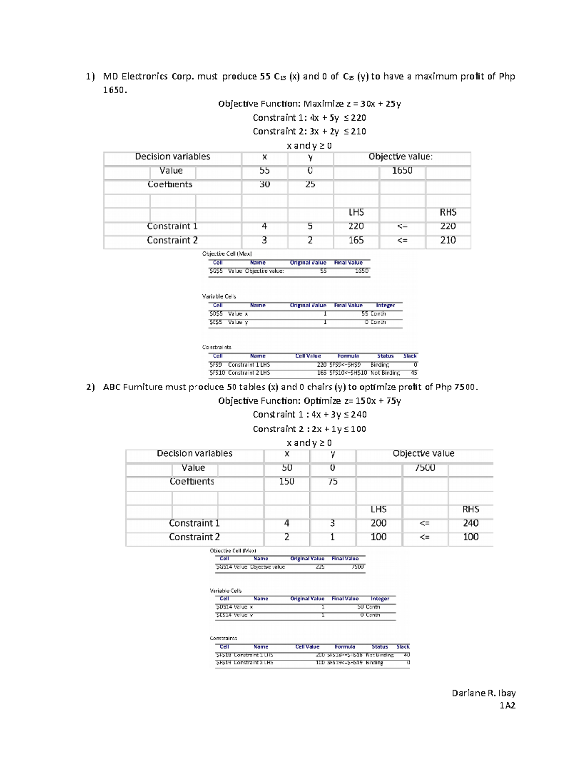 LP Using Excel Solver - MD Electronics Corp. must produce 55 C 13 (x ...