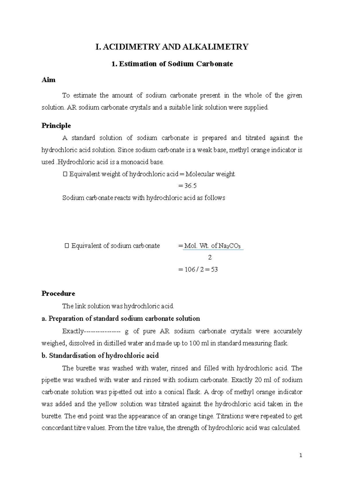 I B.Sc procedure - volumetric analysis - I. ACIDIMETRY AND ALKALIMETRY ...