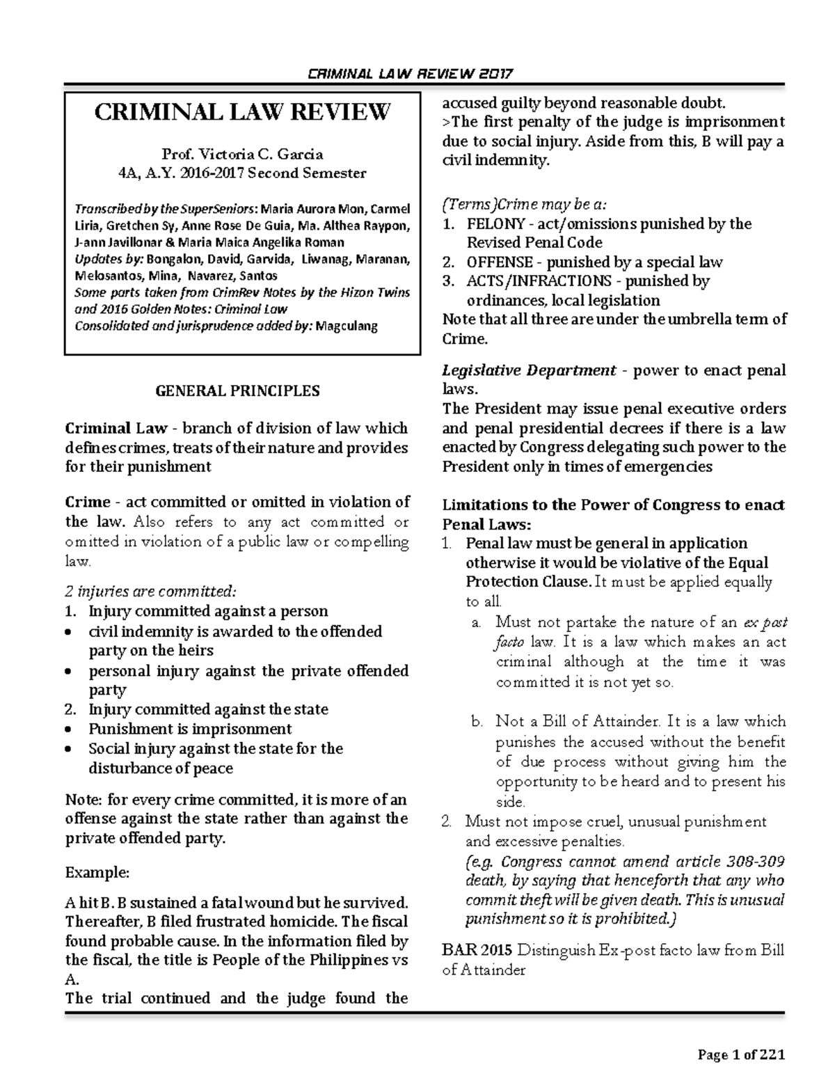 Prosec Garcia Criminal Law 1 Notes 2017 - GENERAL PRINCIPLES Criminal ...