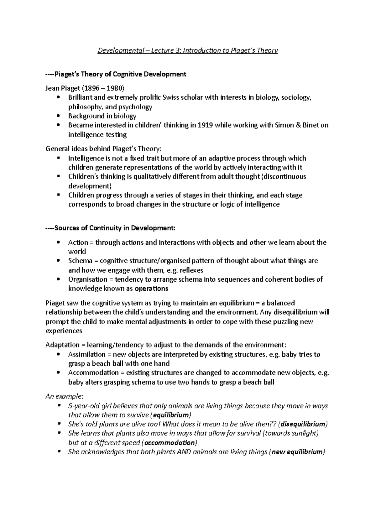 Introduction to Piaget's Theory - Developmental – Lecture 3: Introduction to Piaget’s Theory ...